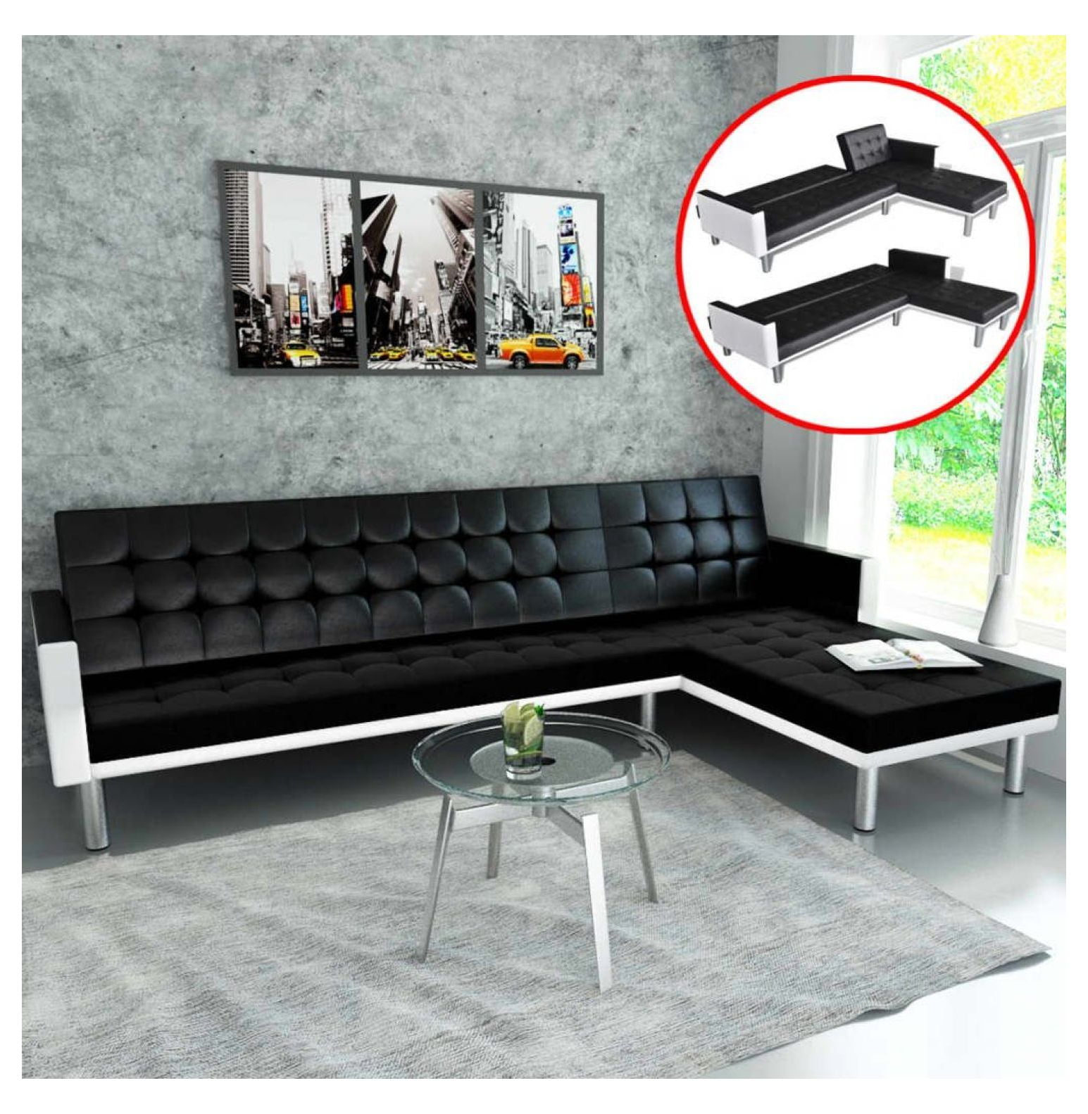 L-Shaped Sofa Bed, Black & White Faux Leather, Convertible Sleeper Sofa ...