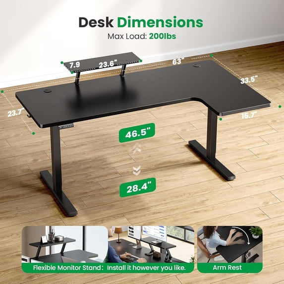 L-Shaped Standing Desk - 63 Inch Adjustable Corner Electric Sit Stand ...
