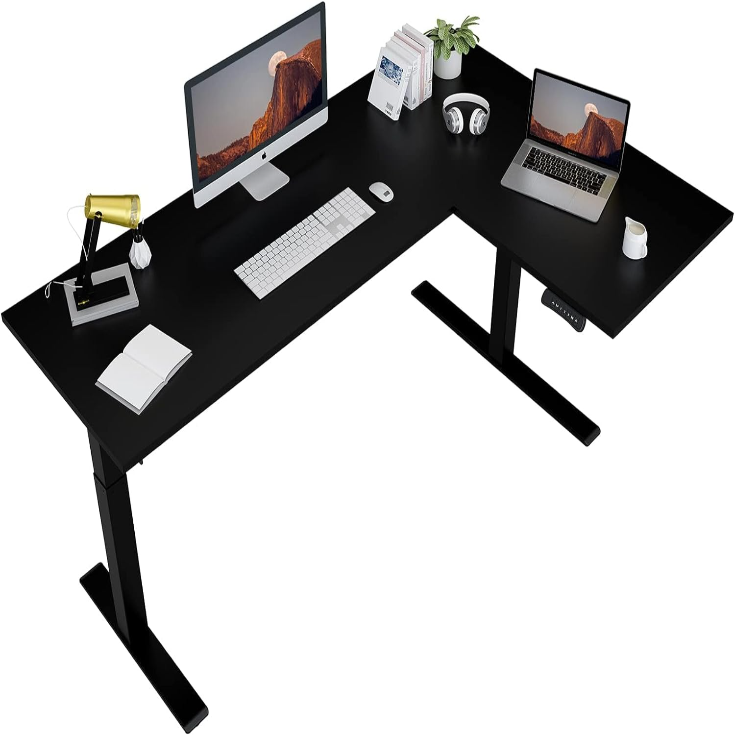 L Shaped Standing Desk Electric Corner Gaming Table with Monitor Shelf ...