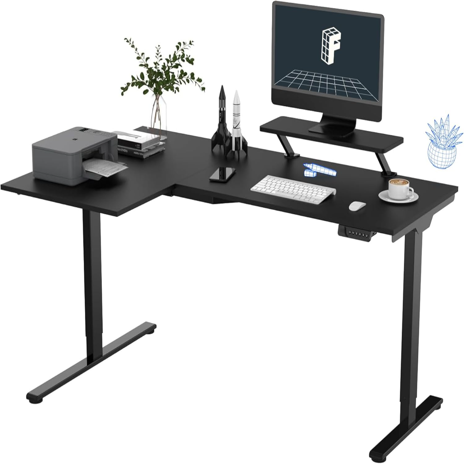 L Shaped Standing Desk Electric Corner Gaming Table with Monitor Shelf ...