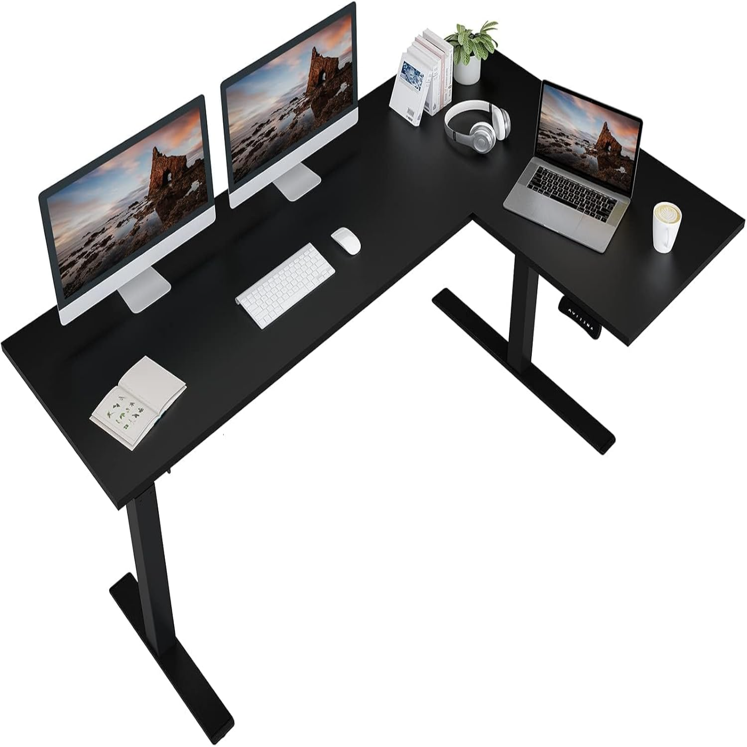 L Shaped Standing Desk Electric Corner Gaming Table with Monitor Shelf ...