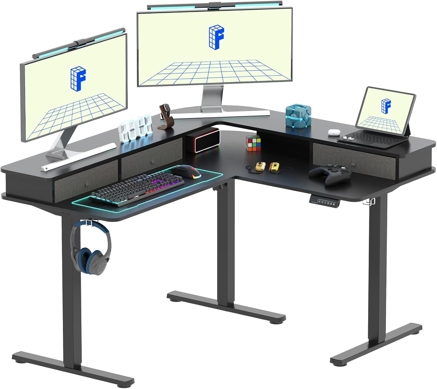 L Shaped Standing Desk Electric Corner Gaming Table with Shelf Drawers ...
