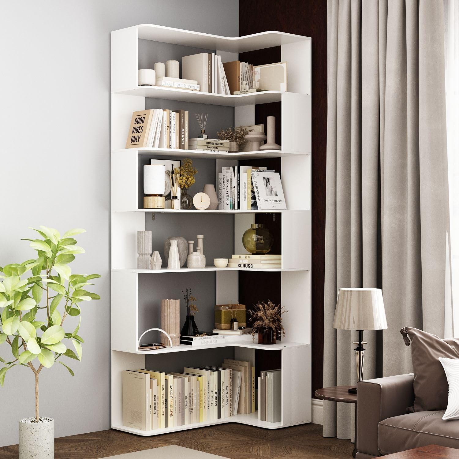 L-Shaped Storage Shelf with 6-Tier Book Shelves, Kids Bookshelf Corner ...