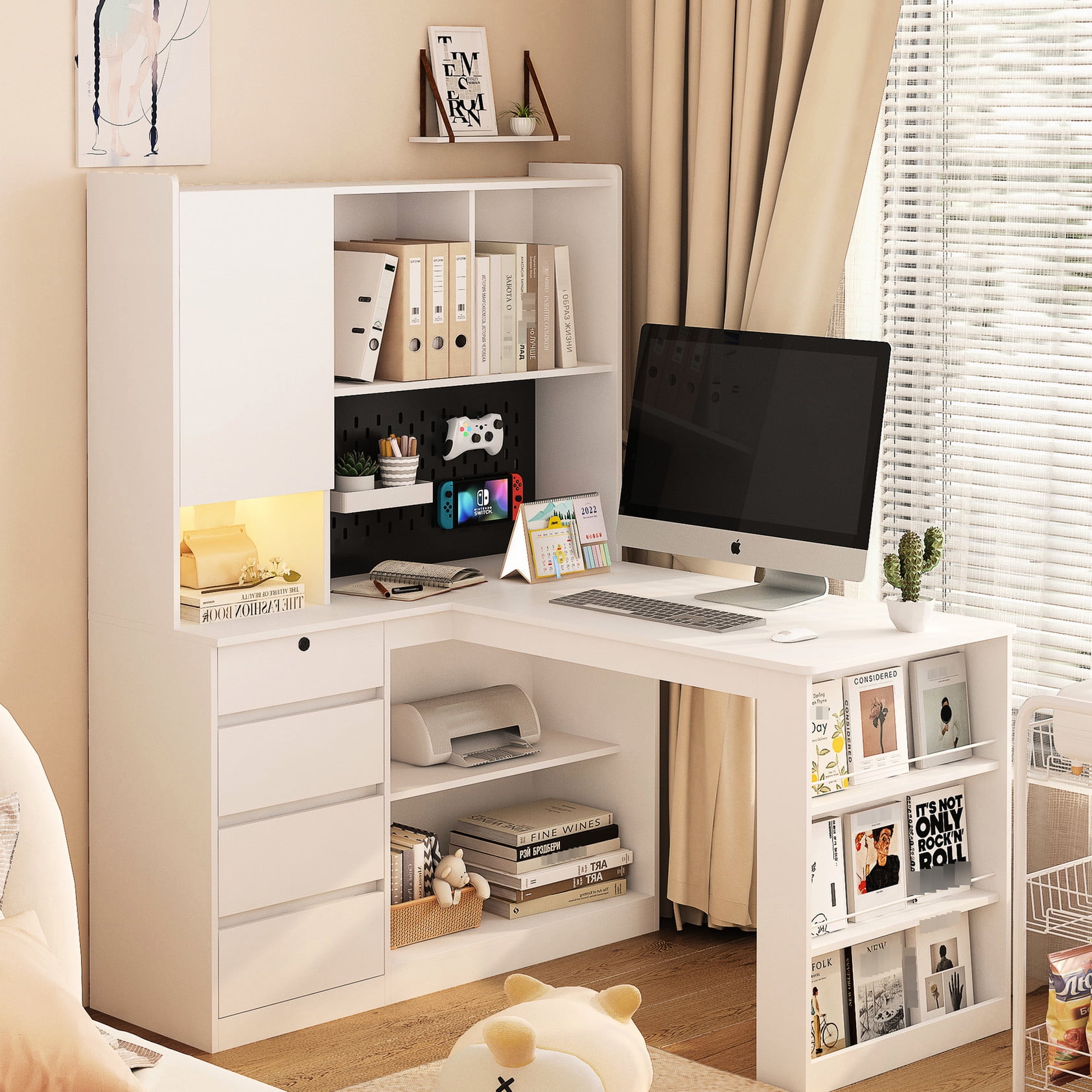 L-Shaped Study Desk with Power Outlets / Suitable for Various Working ...