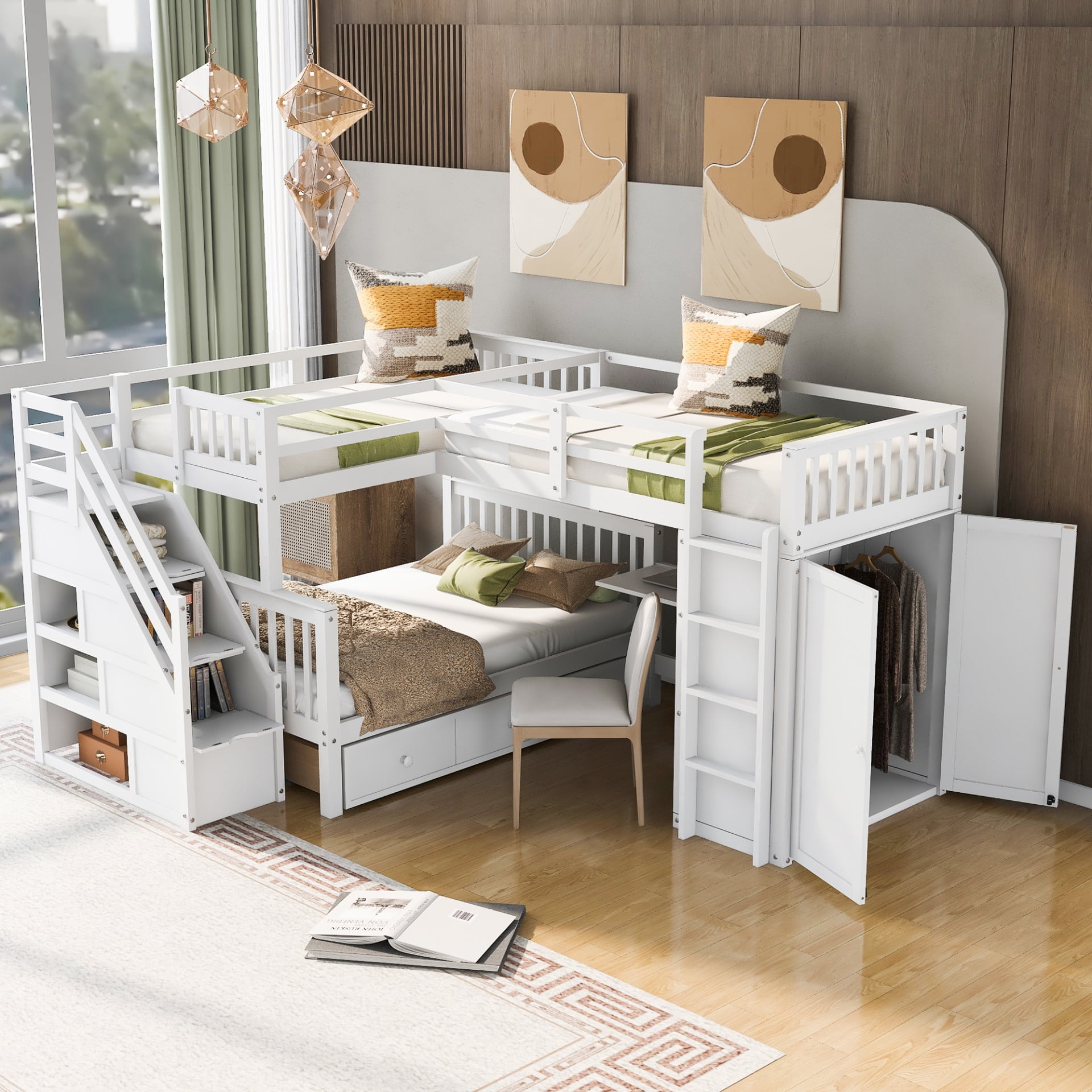 L Shaped Triple Bunk Beds with Storage, Twin-Twin over Full Bunk Bed ...