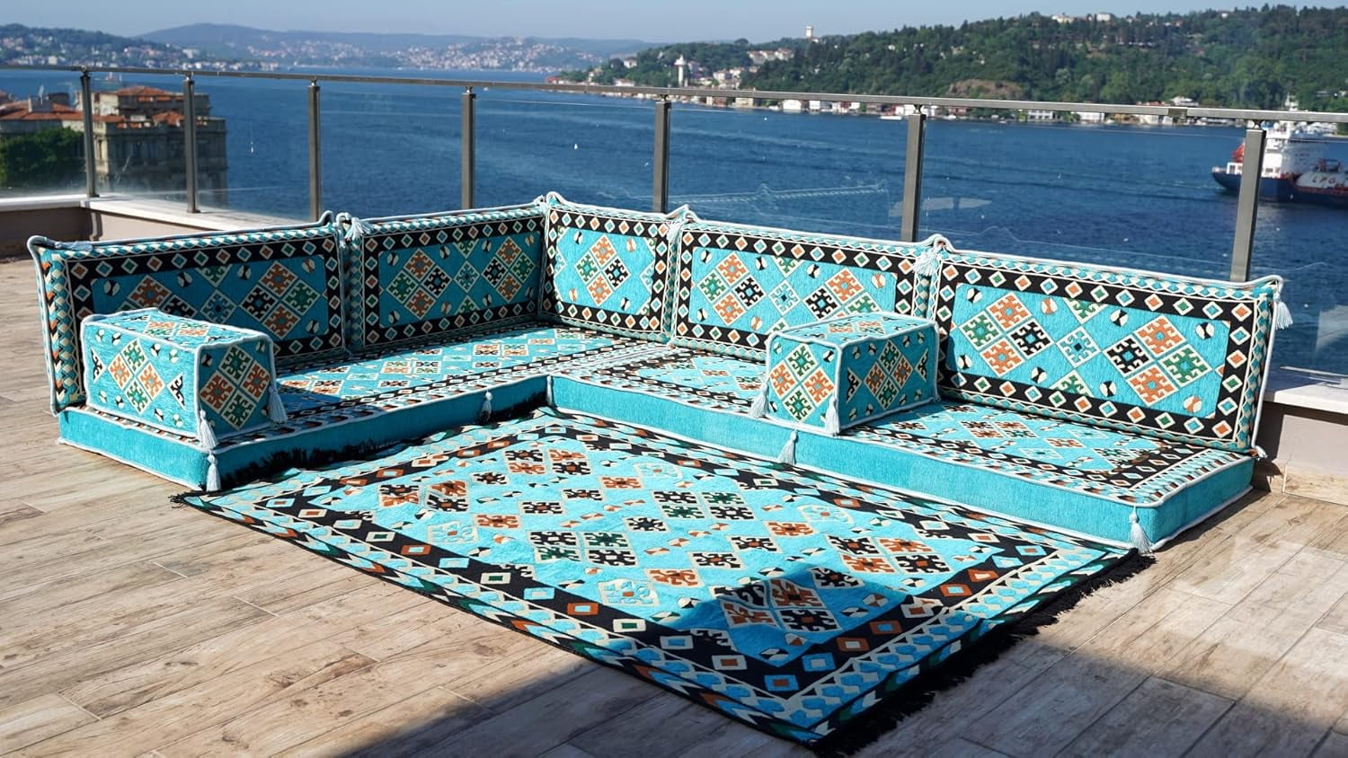 L Shaped Turquoise Floor Pillows, Sleeper Sofa, Arabic Sofa, Floor ...