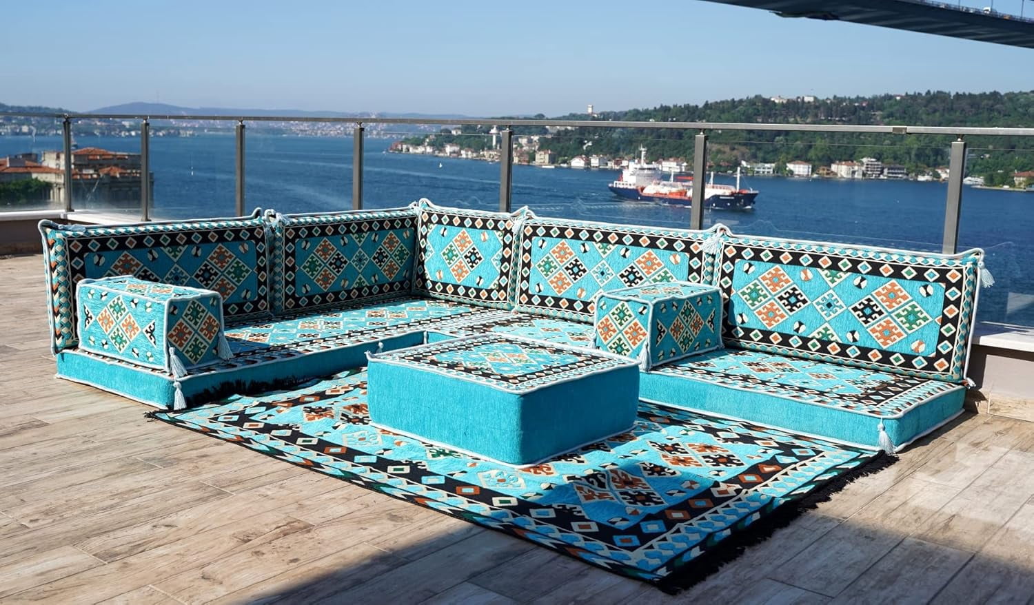 L Shaped Turquoise Floor Pillows, Sleeper Sofa, Arabic Sofa, Floor ...