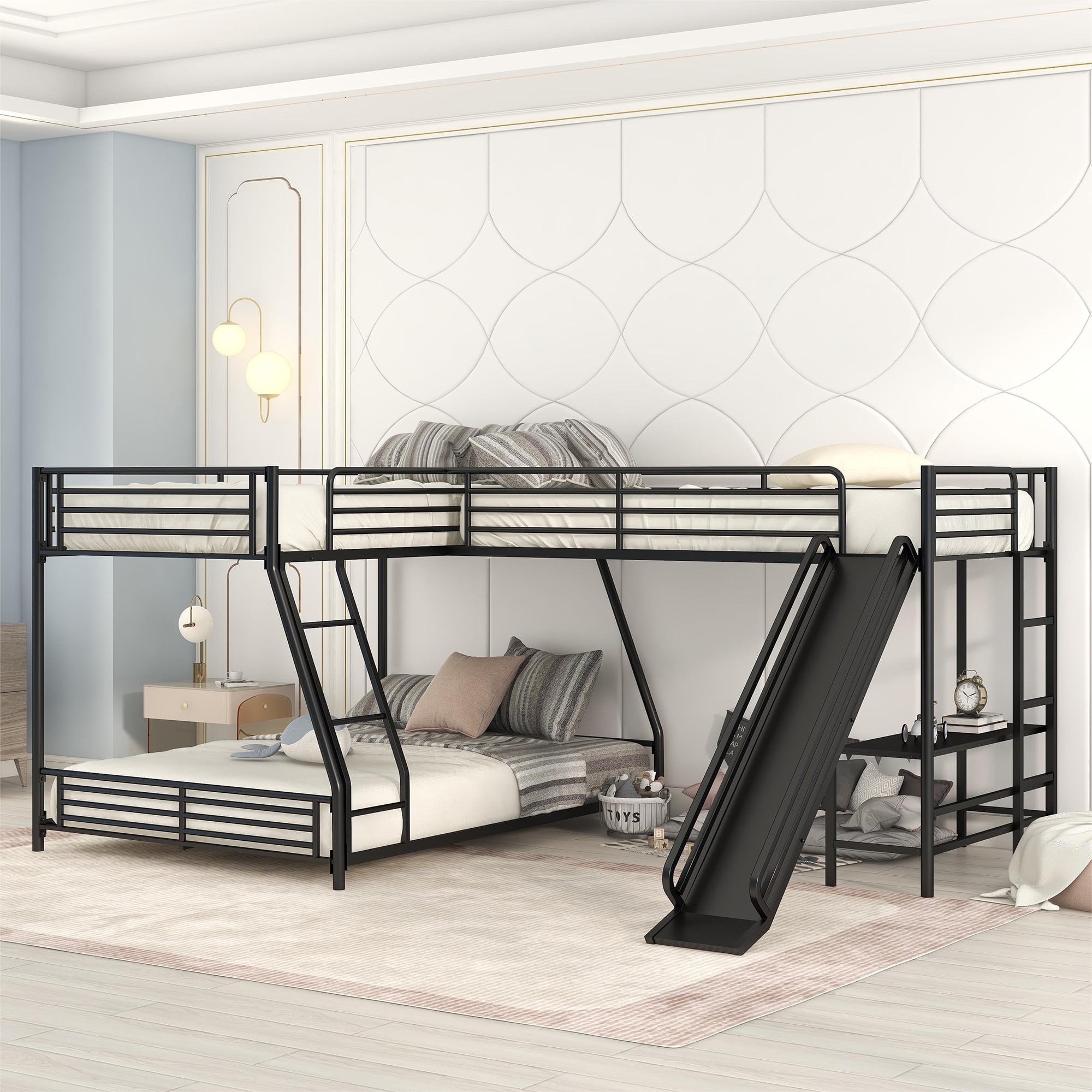 L-Shaped Twin Over Full Bunk Bed with Twin Size Loft Bed,Built-In Desk ...