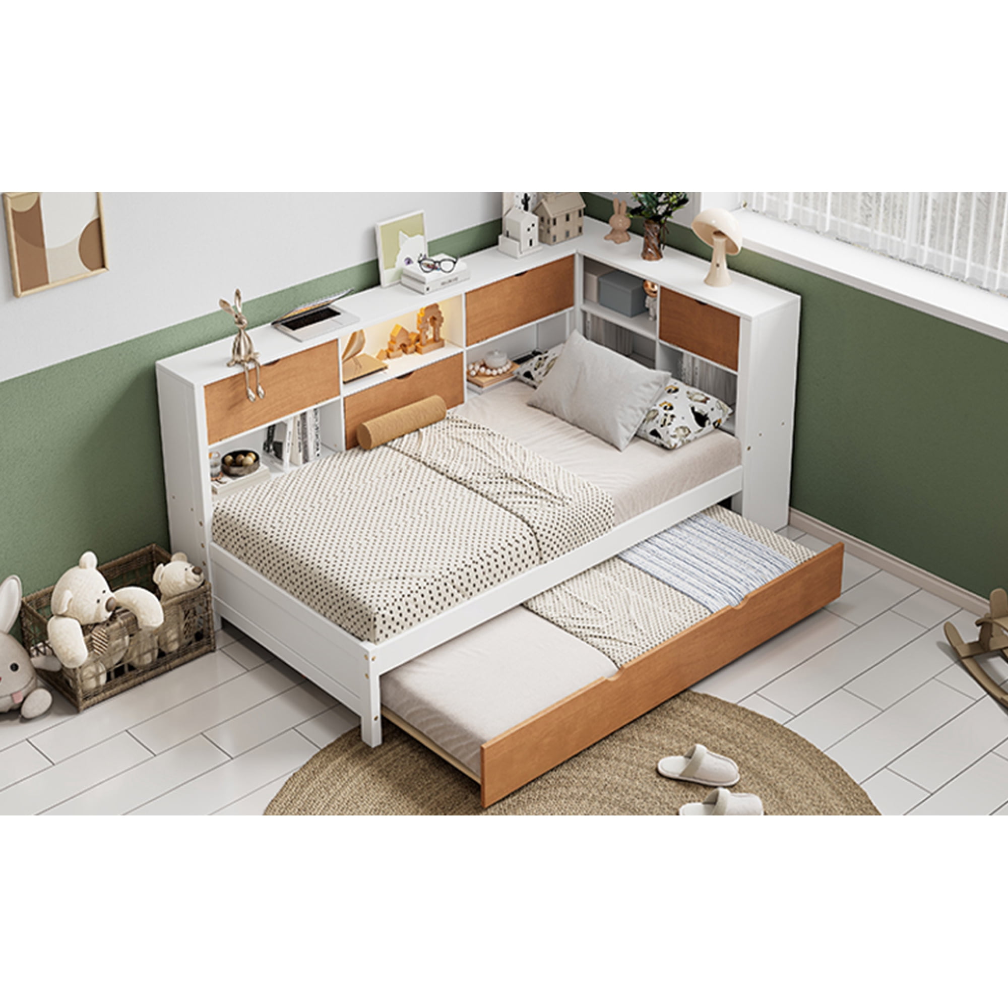L-Shaped Twin Size Bed Frame with Trundle and and Bookcase, Daybed ...