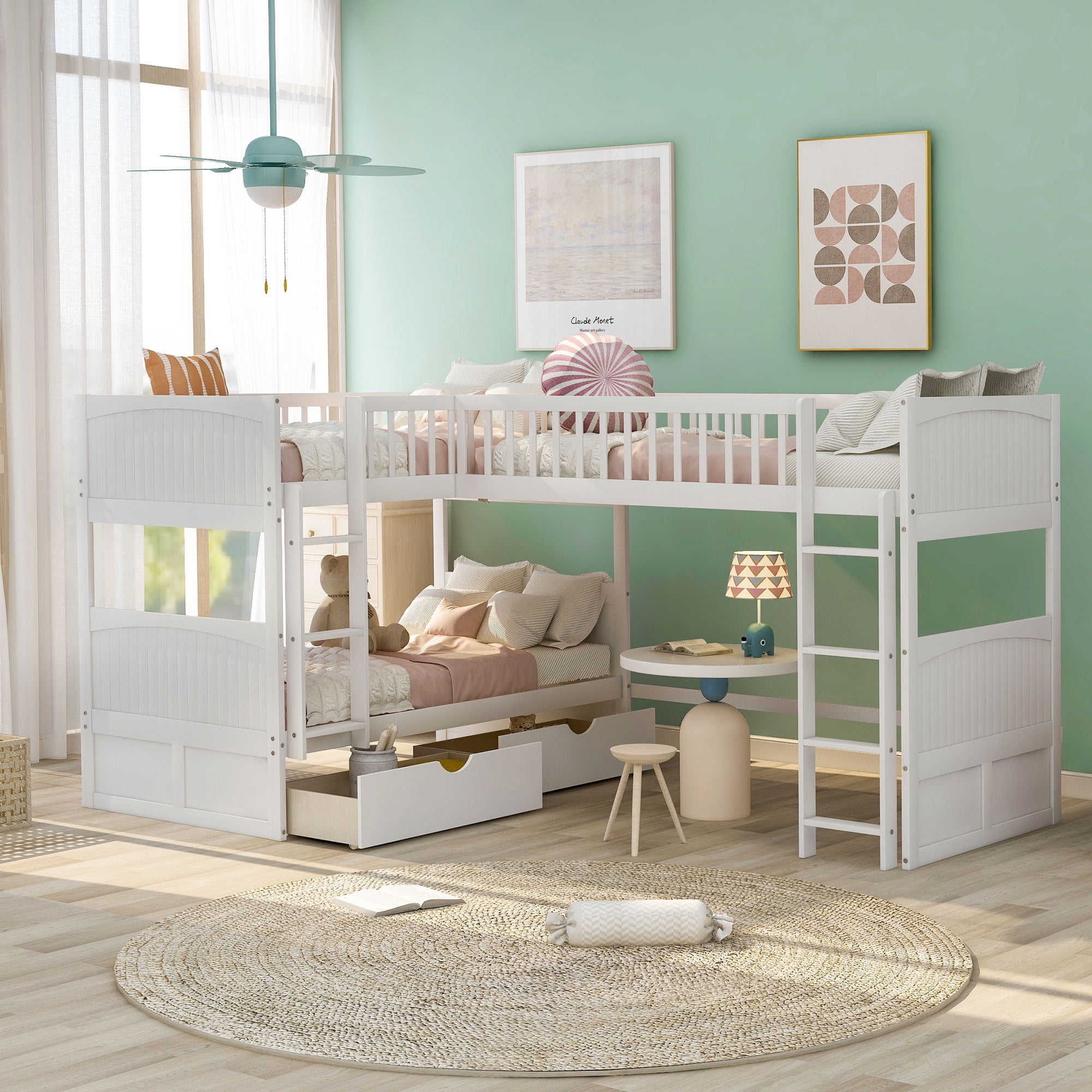 L-Shaped Twin Size Bunk Beds with a Loft Bed Attached, Solid Wood Twin ...