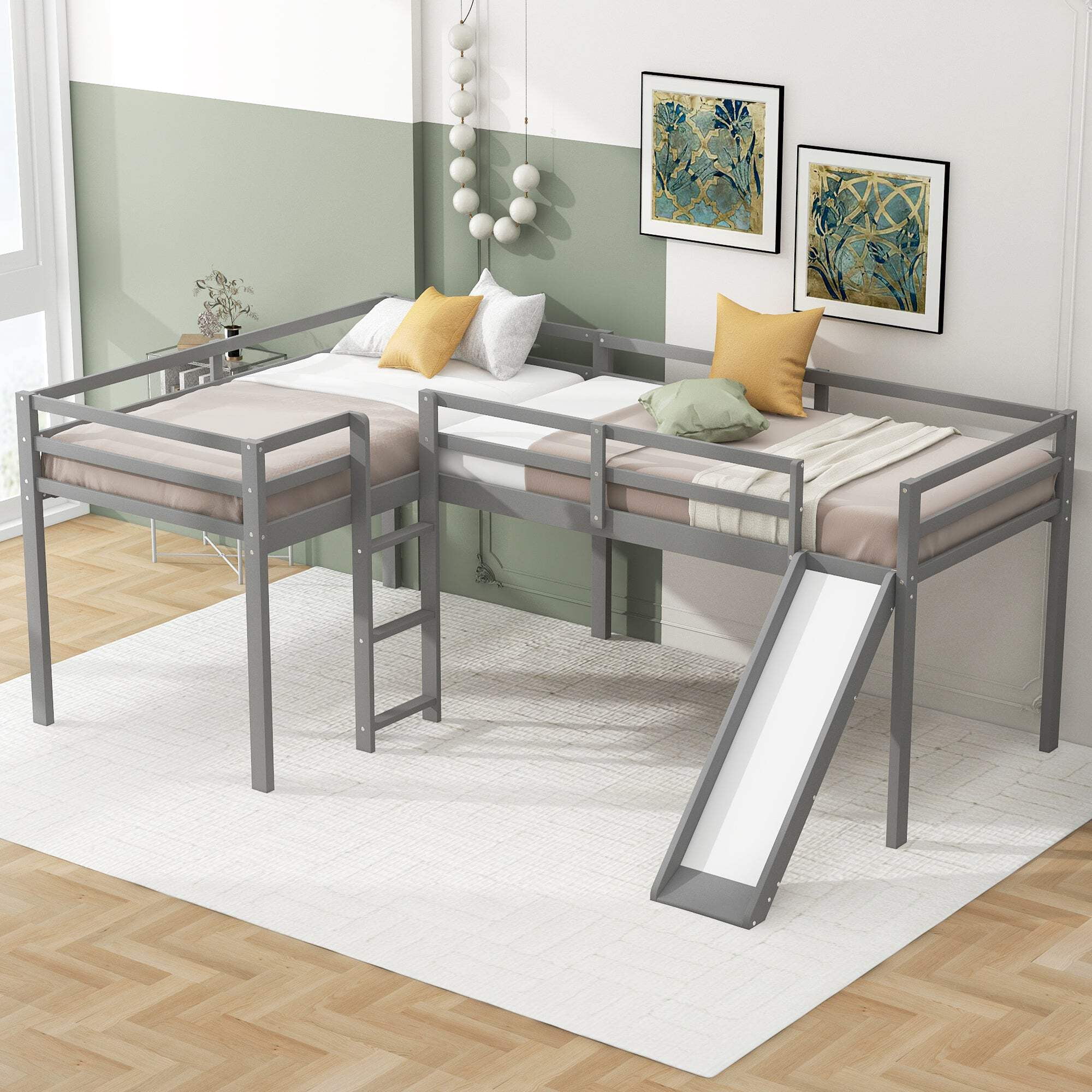 L Shaped Twin Size Loft Bed With Ladder And Slide, Gray Gray Solid Wood ...