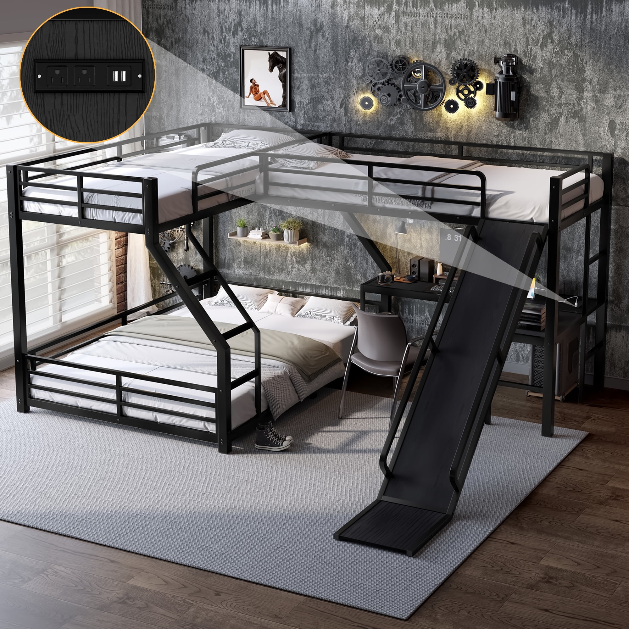 L-Shaped Twin XL over Queen Bunk Bed with Twin Size Loft Bed, Metal ...