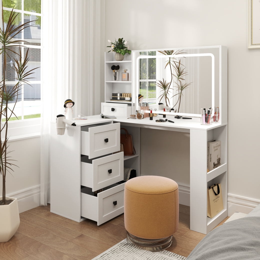 L-Shaped Vanity Desk with 3-Color Lighted Mirror, 47" Corner Dressing ...