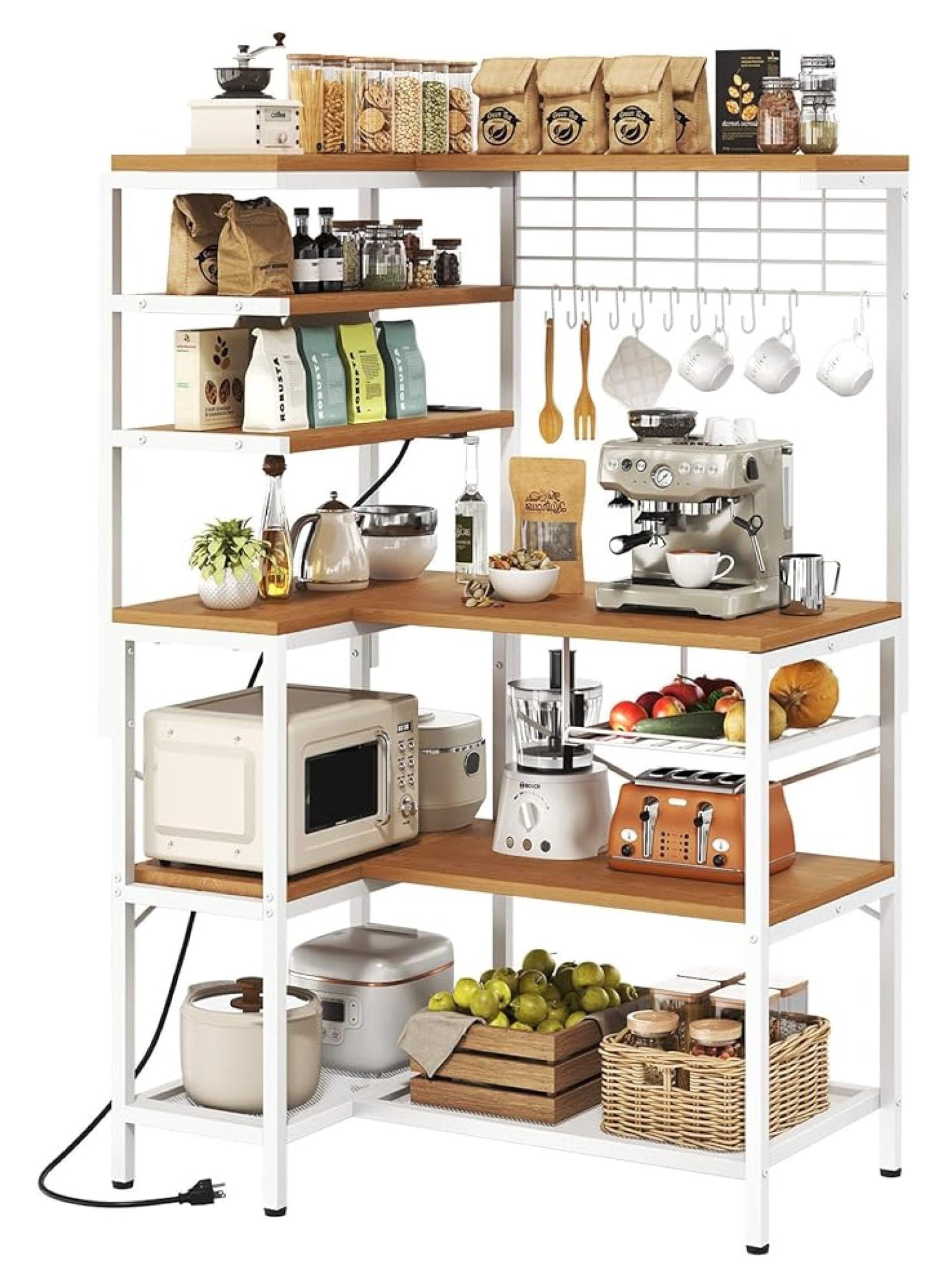 L-Shaped White Bakers Rack with Power Outlet, Kitchen with , Wire Shelf ...