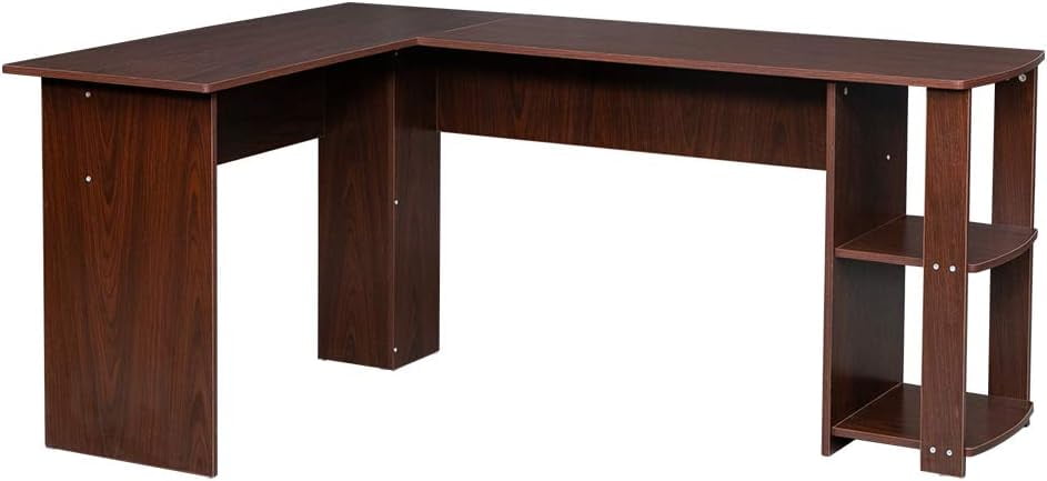L-Shaped Wood Right-Angle Computer Desk with Two-Layer Bookshelves for ...
