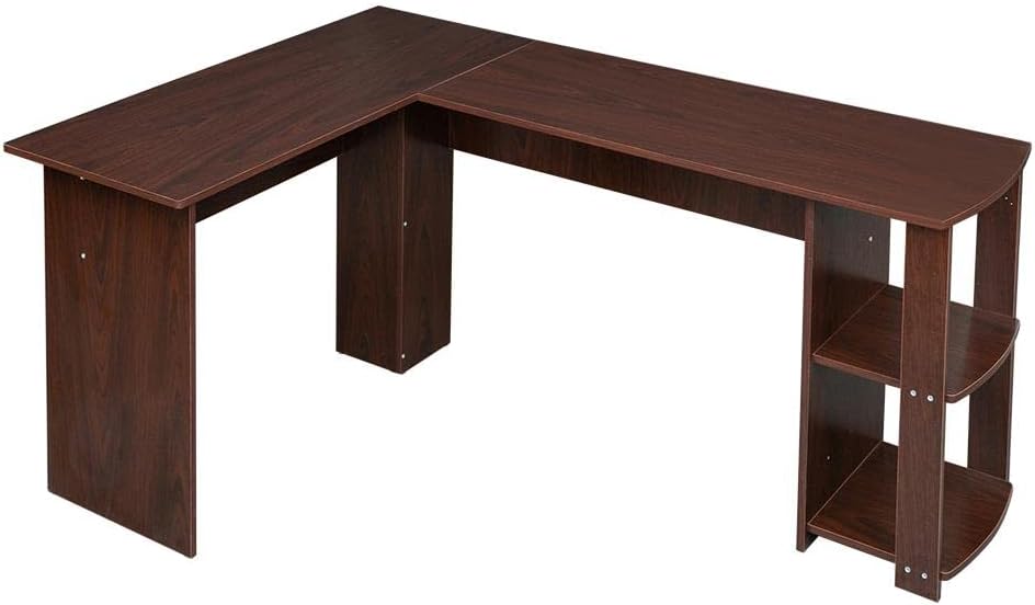 L-Shaped Wood Right-Angle Computer Desk with Two-Layer Shelves Dark ...