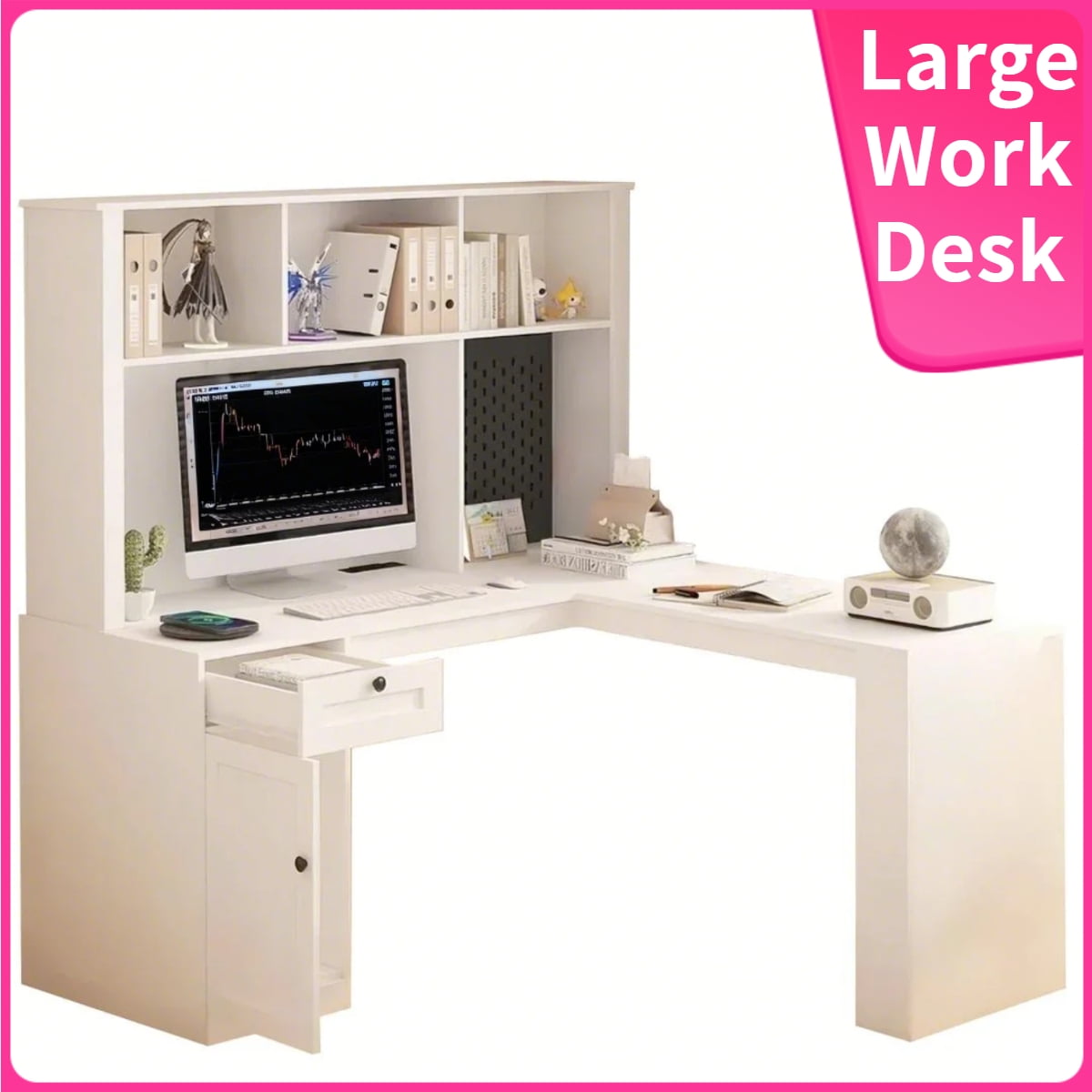 L Shaped Work Desk with Hutch, Large Corner Computer Desk with Drawers ...