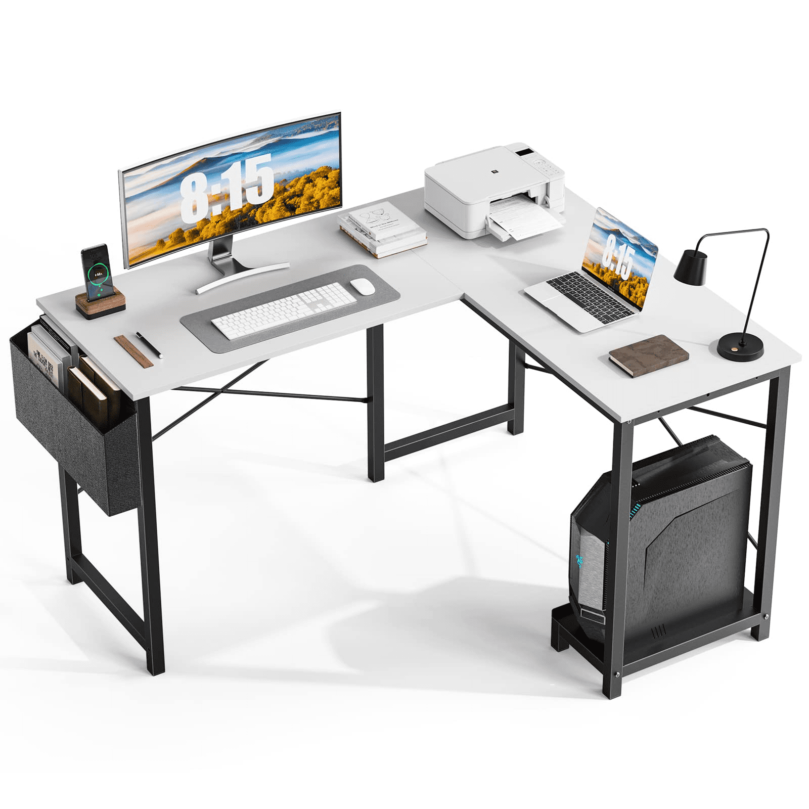 L Shaped desk, Gaming Study Writing Tables with Side Storage Bag and ...