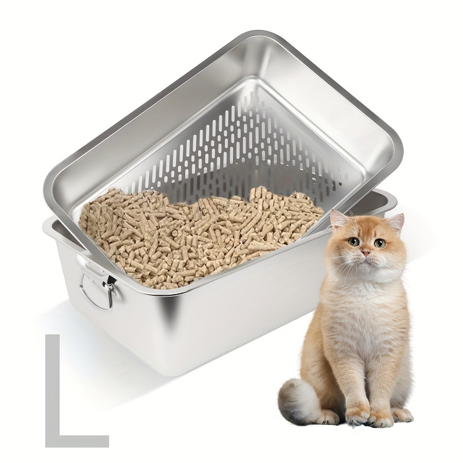L Stainless Steel Sifting Litter Box, Large Stainless Steel Cat Litter ...