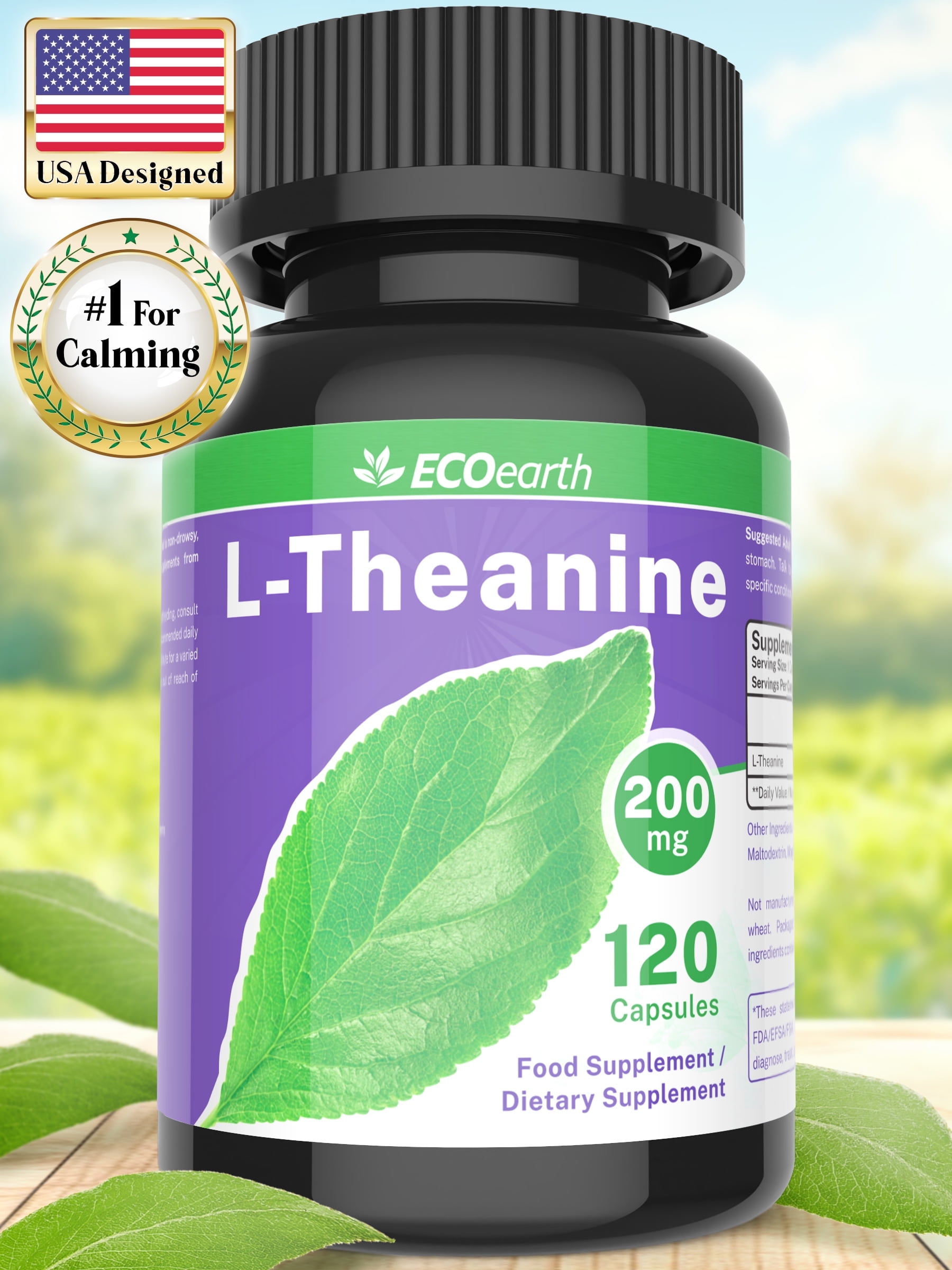EcoEarth L-Theanine 200 mg, 120 Vegan Capsules, Stress, Anxiety, Focus ...