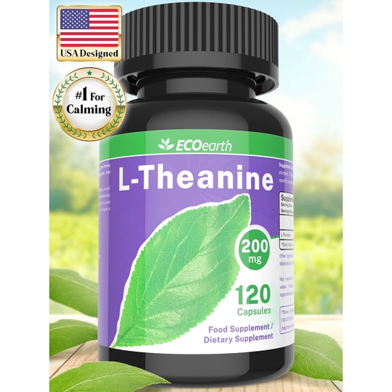 EcoEarth L-Theanine 200 mg, 120 Vegan Capsules, Stress, Anxiety, Focus ...