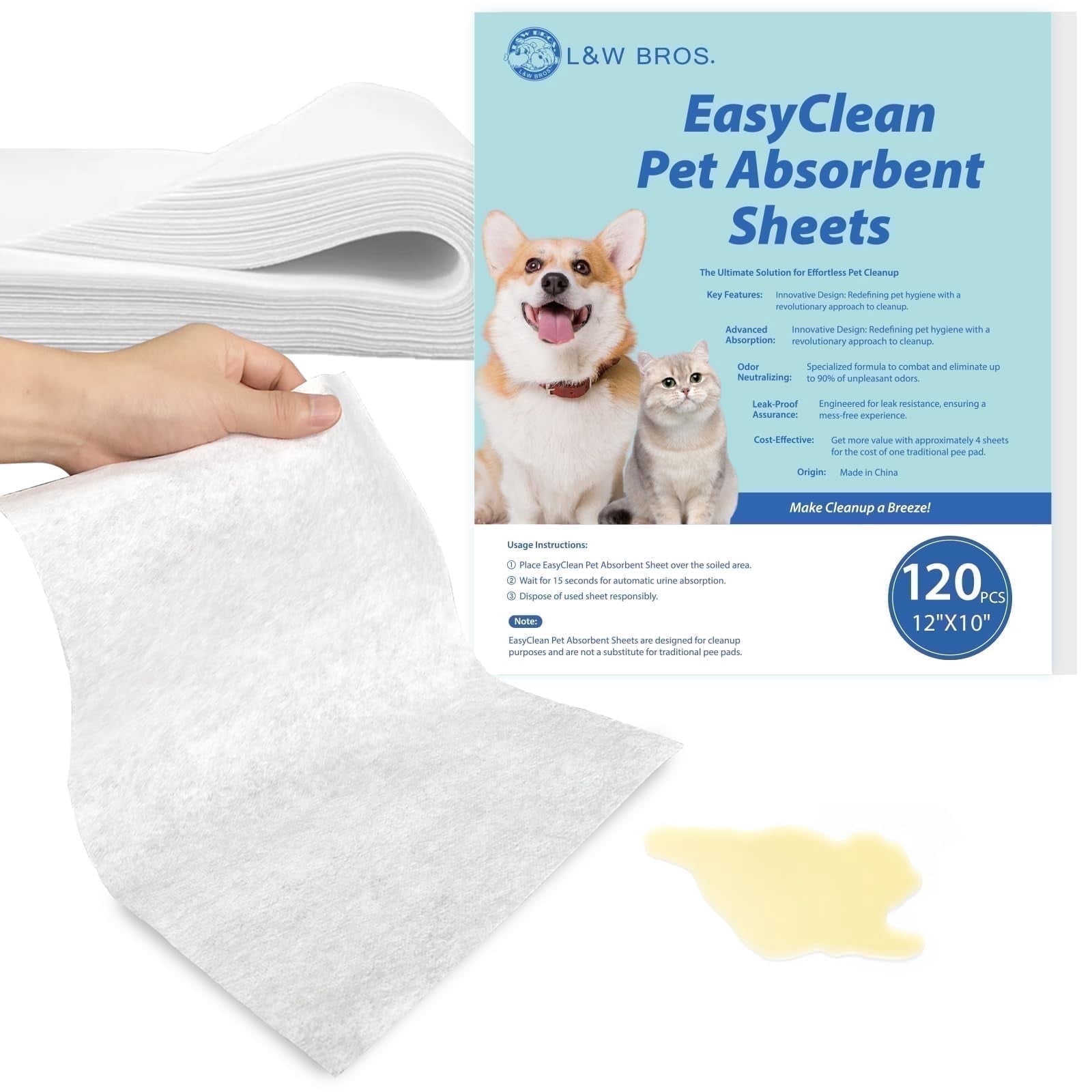 L&W BROS. Pet Quick Absorbent Sheets, New Style Dog Pee Pad, 12"x10 ...