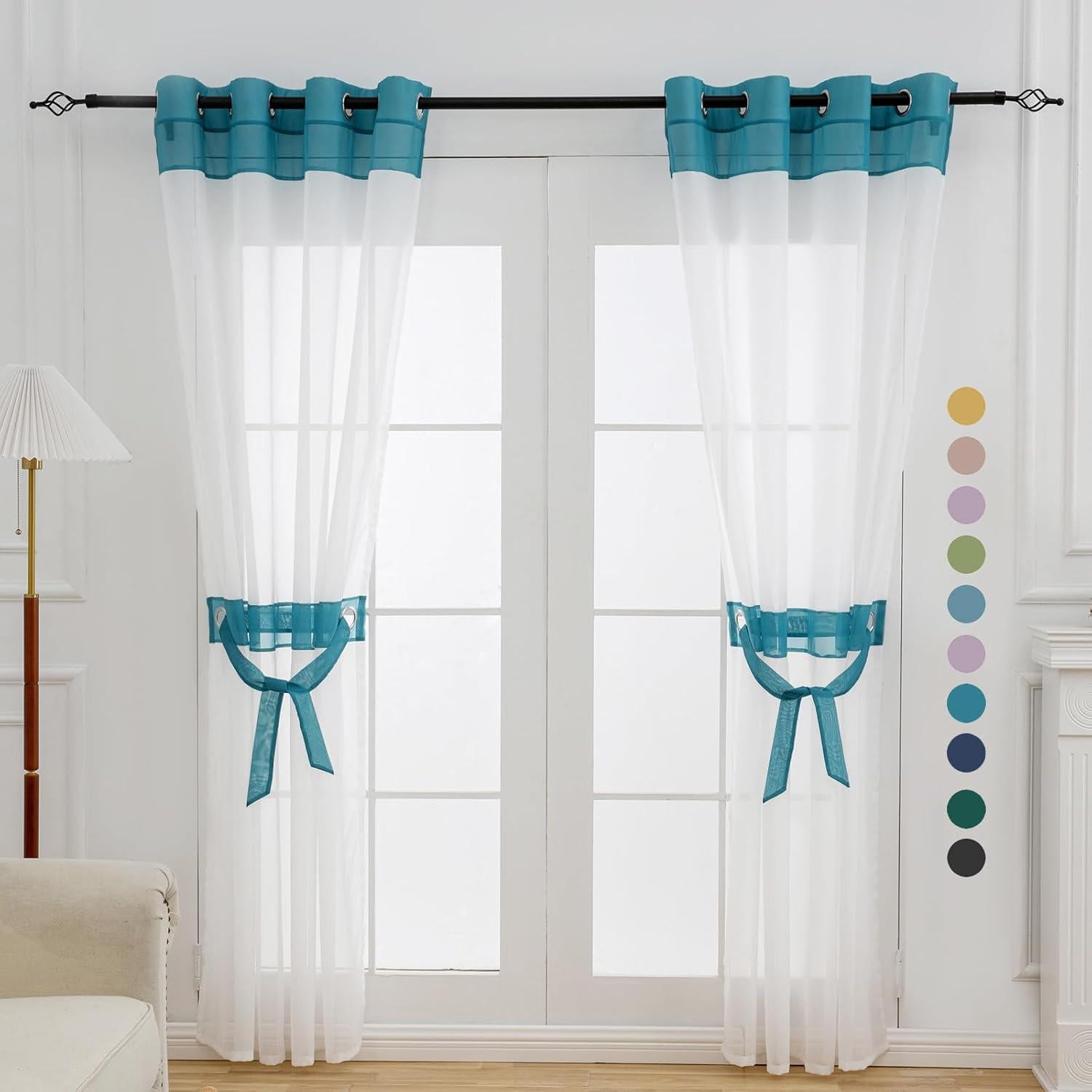 L.Z.E Teal Sheer Curtains 63 Inch Length 2 Panels Set for Living Room ...