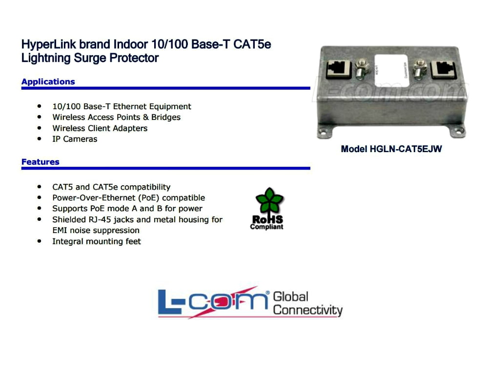 L-com HGLN-CAT5EJW Indoor 10/100 Base-T Shielded CAT5e Lightning Surge ...