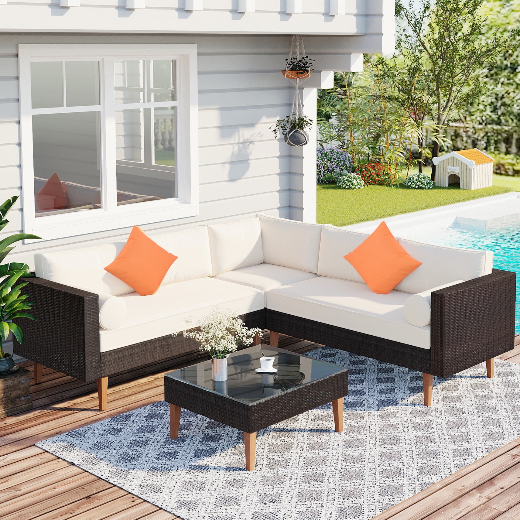 L-shape Outdoor Wicker Sofa Set with Solid Wood Legs / Adjustable Feet ...