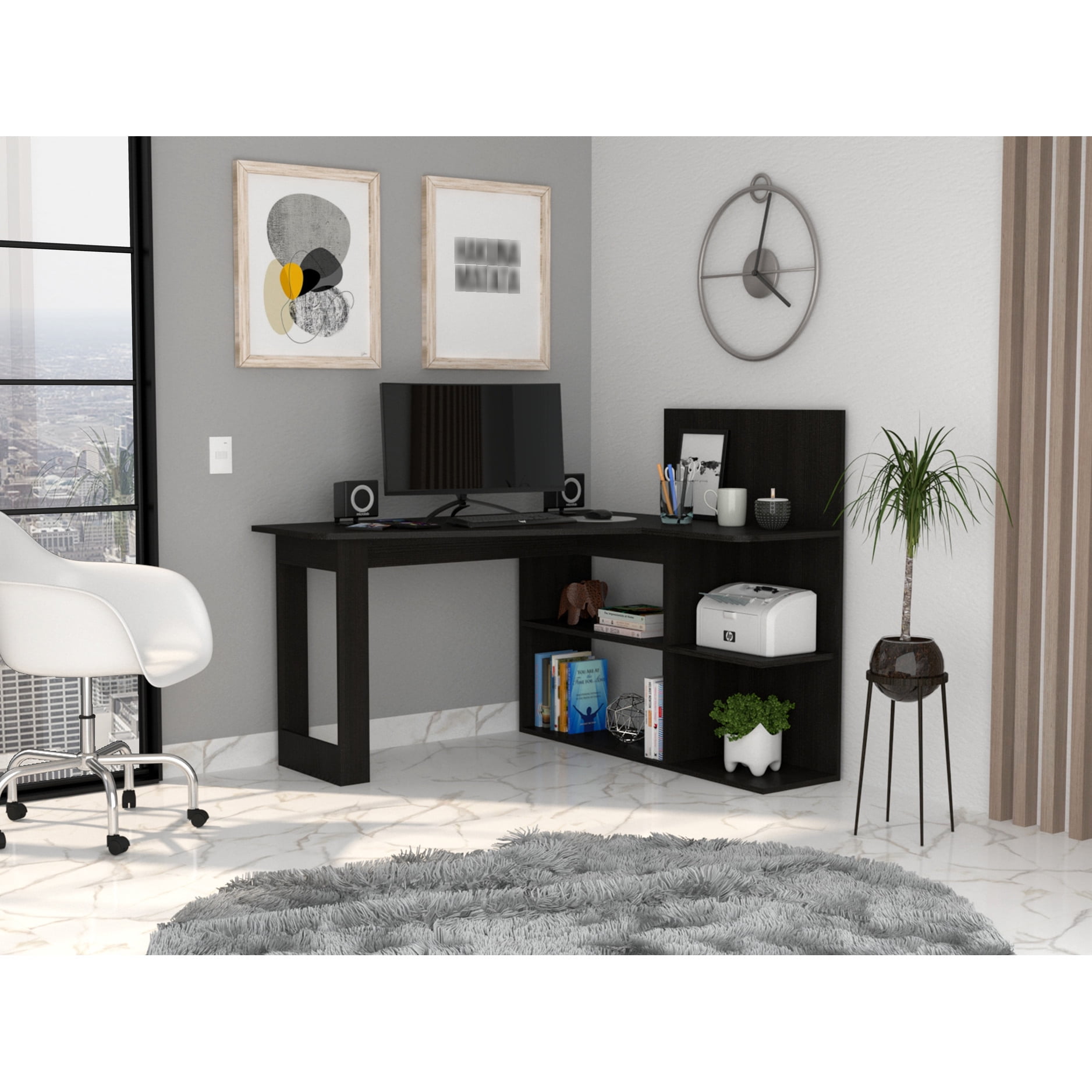 L-shaped Black Desk With Five Open Shelves, Right Return, Modern Office ...