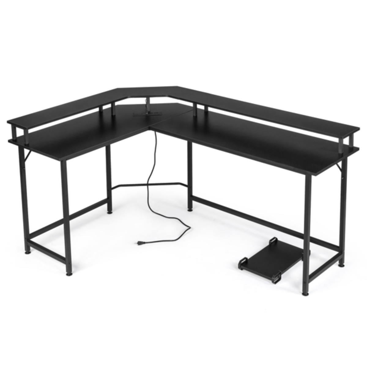 L-shaped Black Pockmarked Particle Board Computer Desk with Upper Shelf ...
