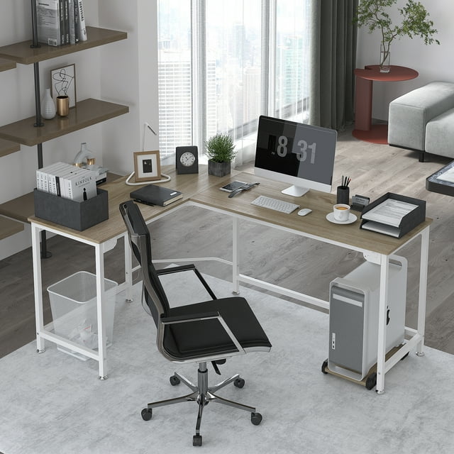 L-shaped Computer Corner Desk Wood board Steel frame Laptop Table ...