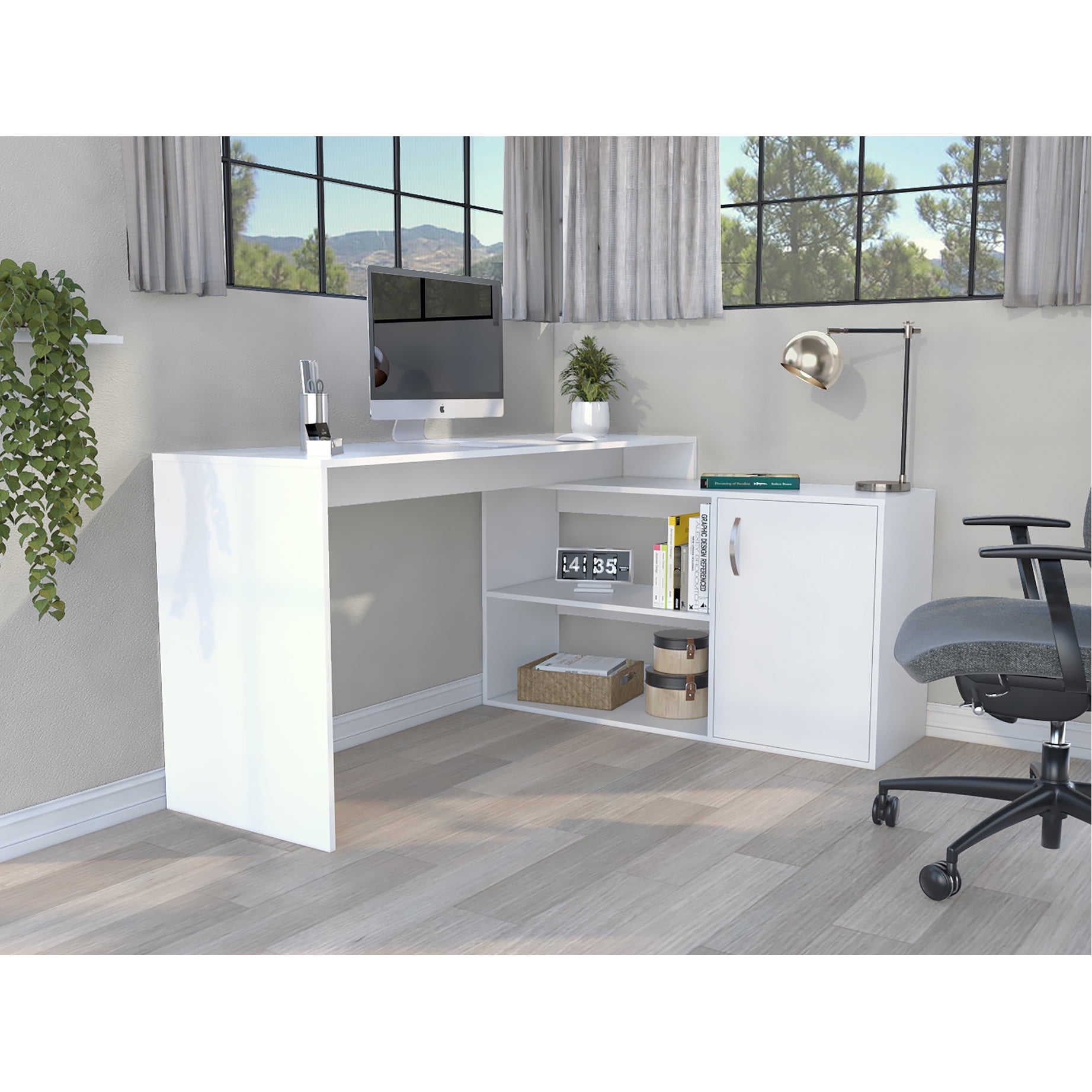 L-shaped Computer Desk In White With Storage. 59" Work Surface For ...