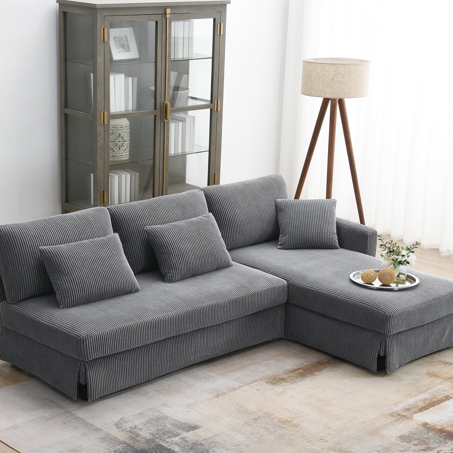 L-shaped Corduroy Couch With Reversible Chaise - 4 Upholstered ...