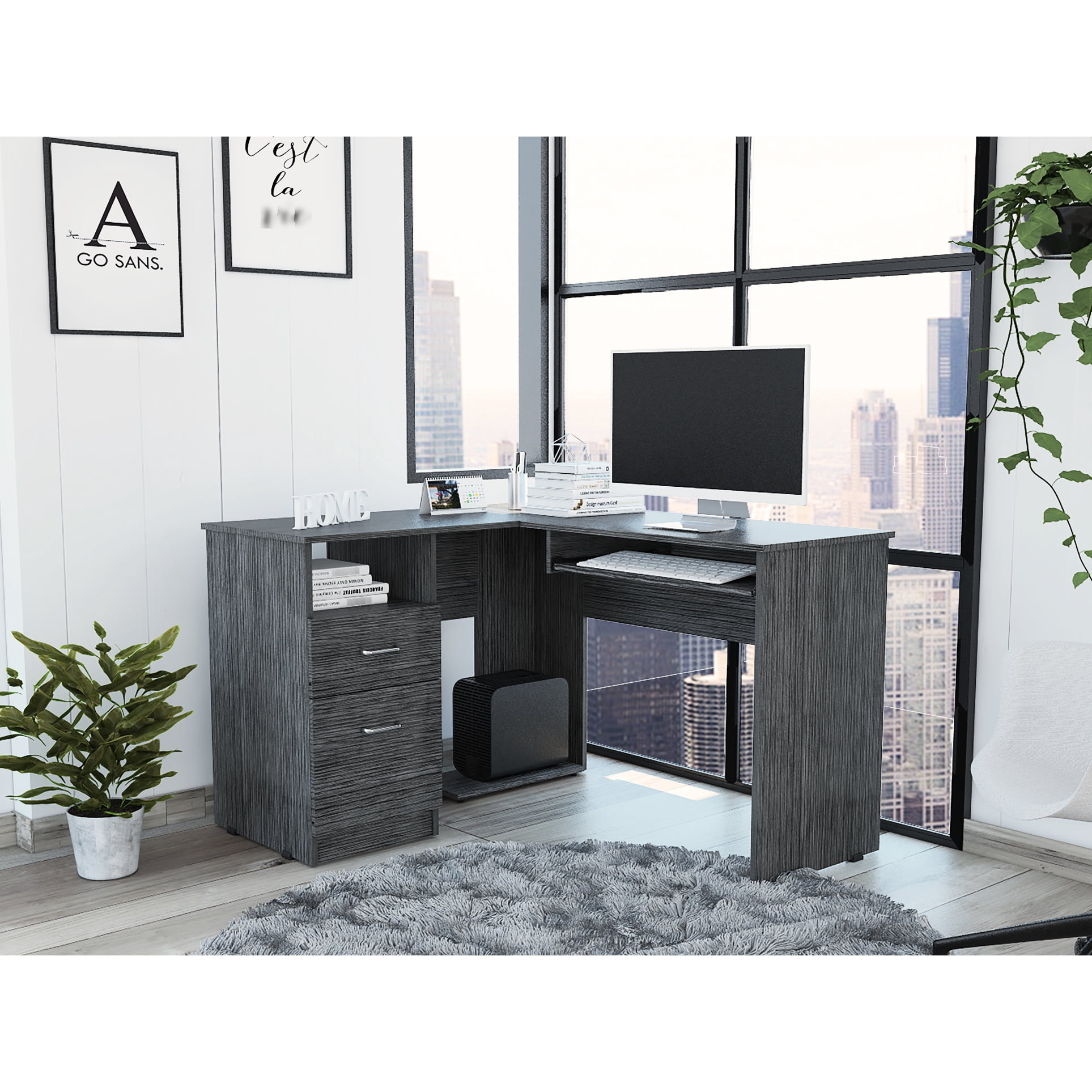 L-shaped Desk With Two Drawers, Keyboard Tray And Oak Shelf, Gray ...