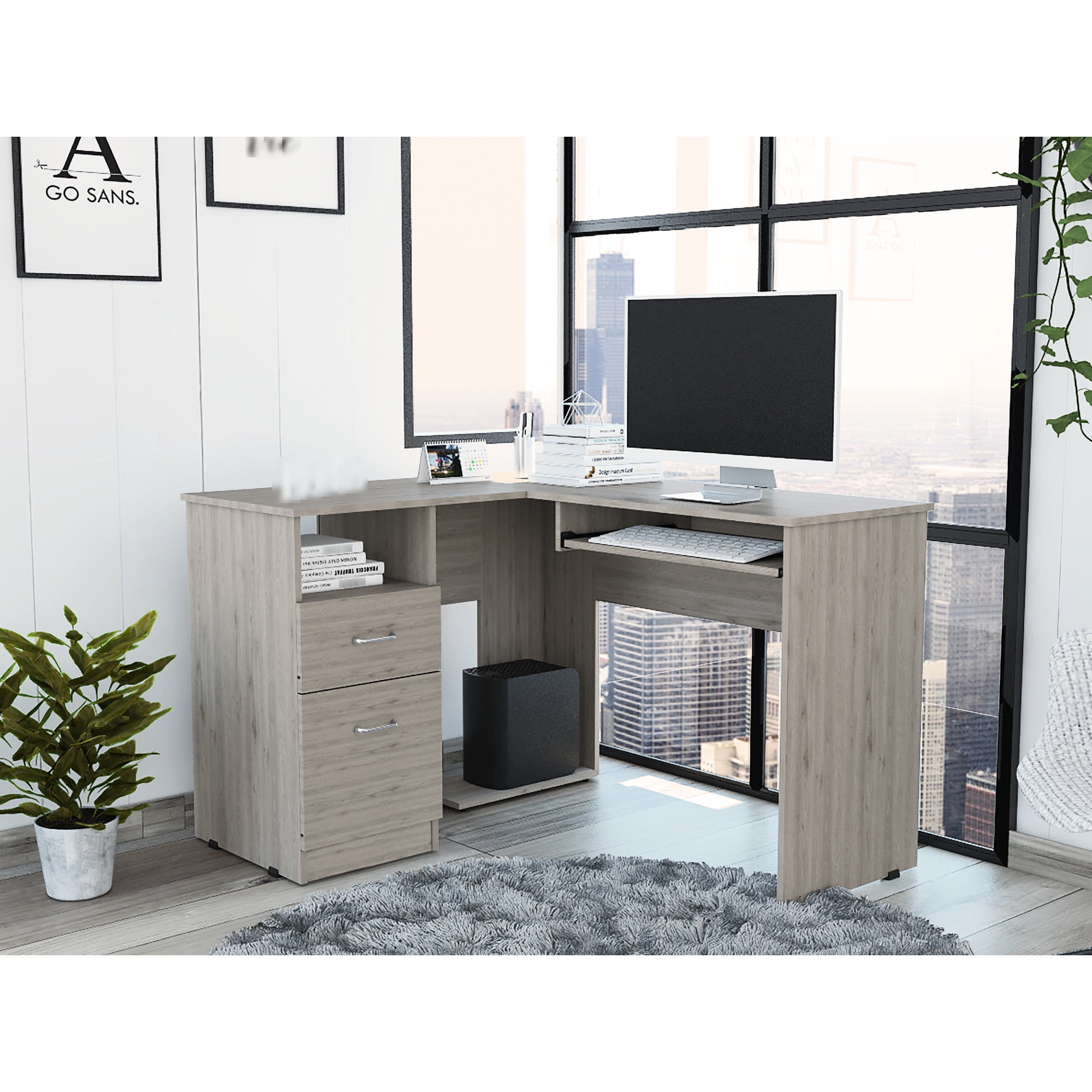 L-shaped Desk With Two Drawers And Keyboard Tray In Charcoal Gray ...