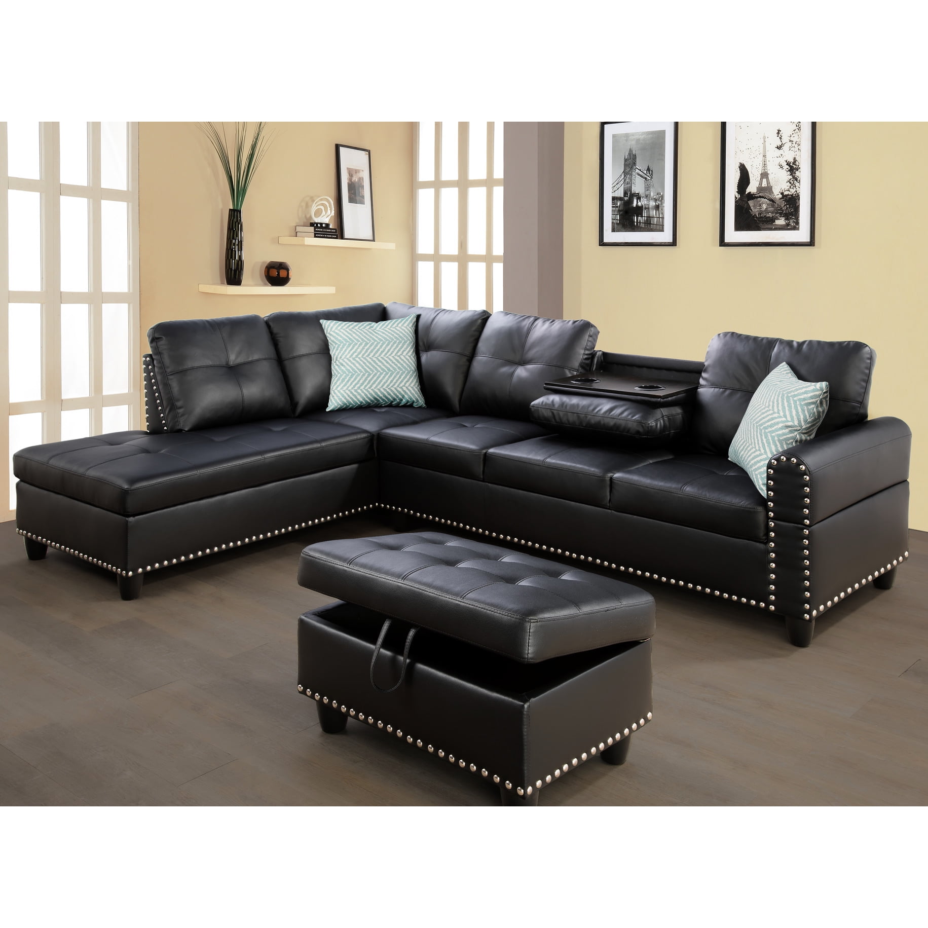 L-shaped Faux Leather Sectional With & Cup Holders - Black And Storage ...