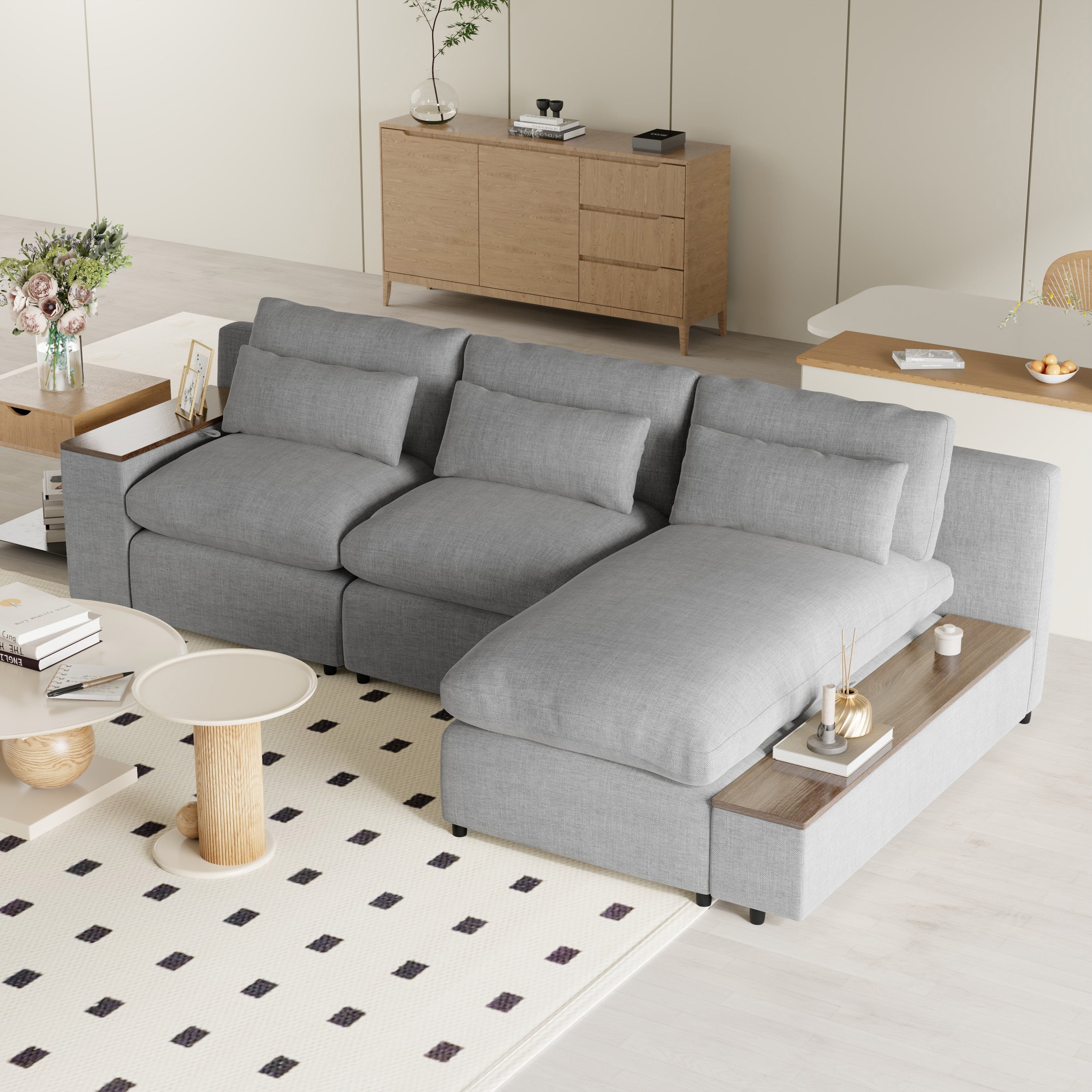 L-shaped Modular Sectional Sofa with Removable Back Cushions,3 Pillows ...