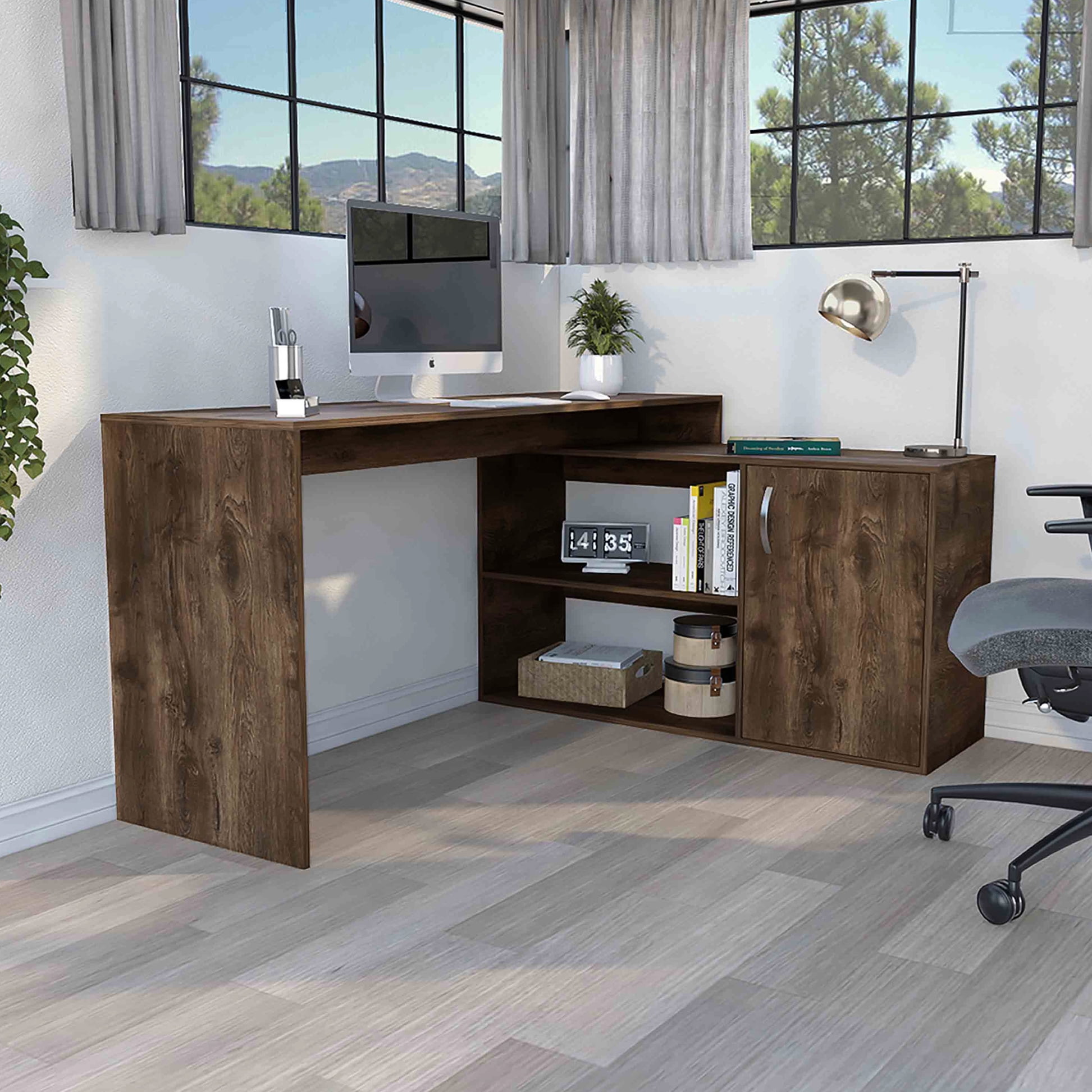L-shaped Office Desk In Dark Brown - 59" Long Work Surface Table With ...