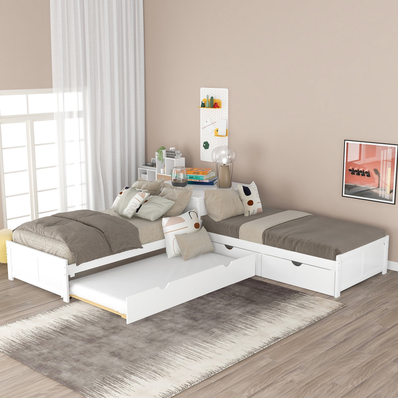 L-shaped Platform Bed with Trundle and Square Table / Durable Design ...