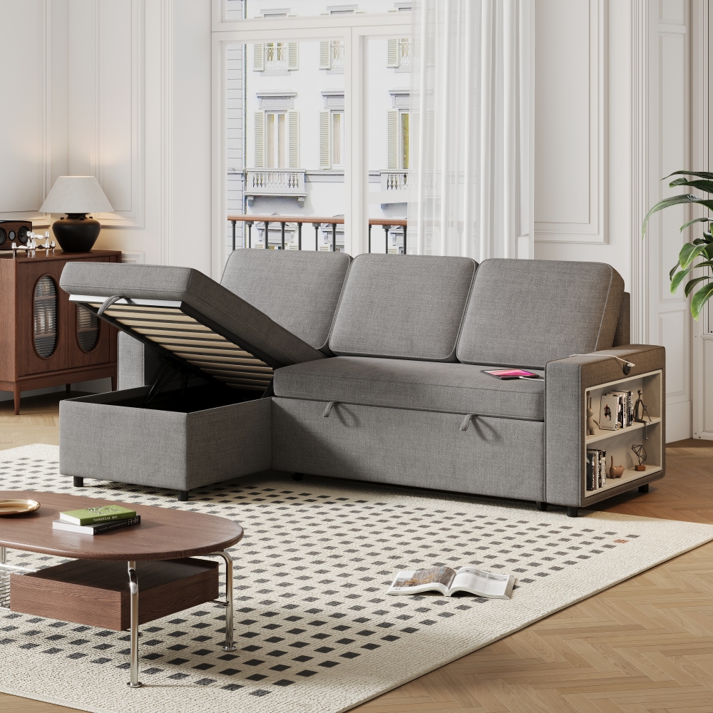 L-shaped Pull Out Sleeper Sofa With Storage Chaise, USB & T-pyce Ports ...