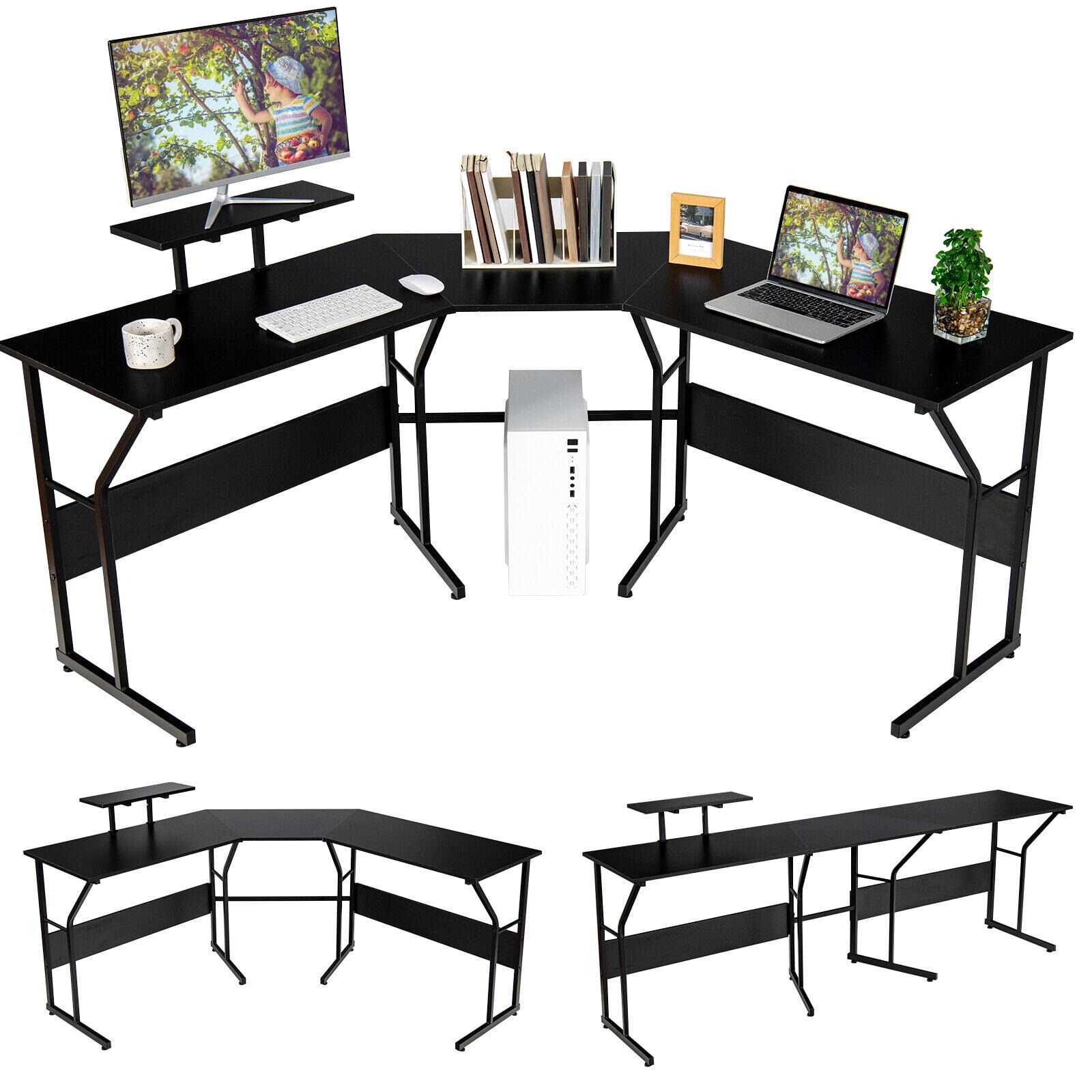 L-shaped Reversible Computer Desk 88.5" 2 Person Long Table Monitor ...