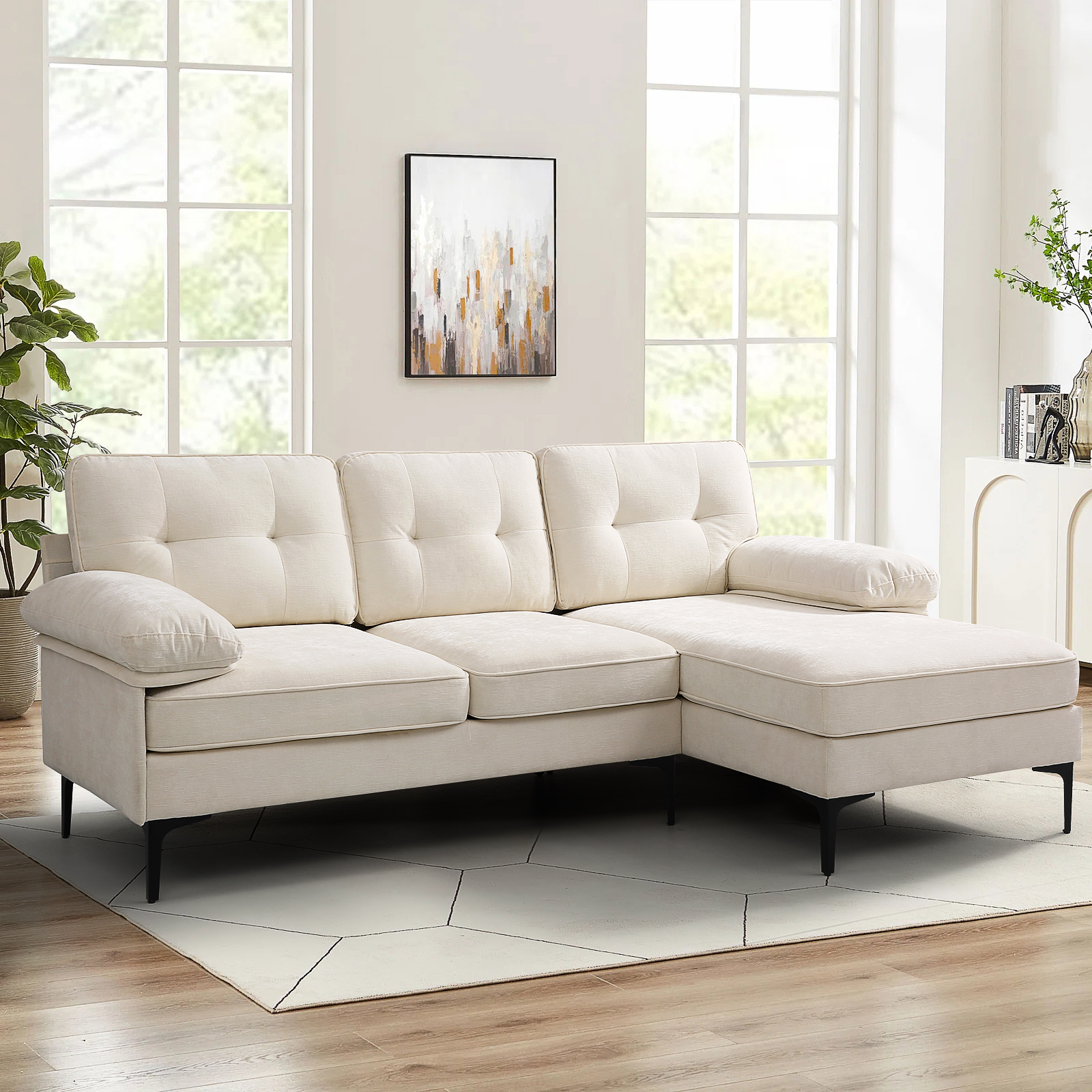 Pemberly Row Ivory Fabric Upholstery Sectional Sofa with Retro Curves ...