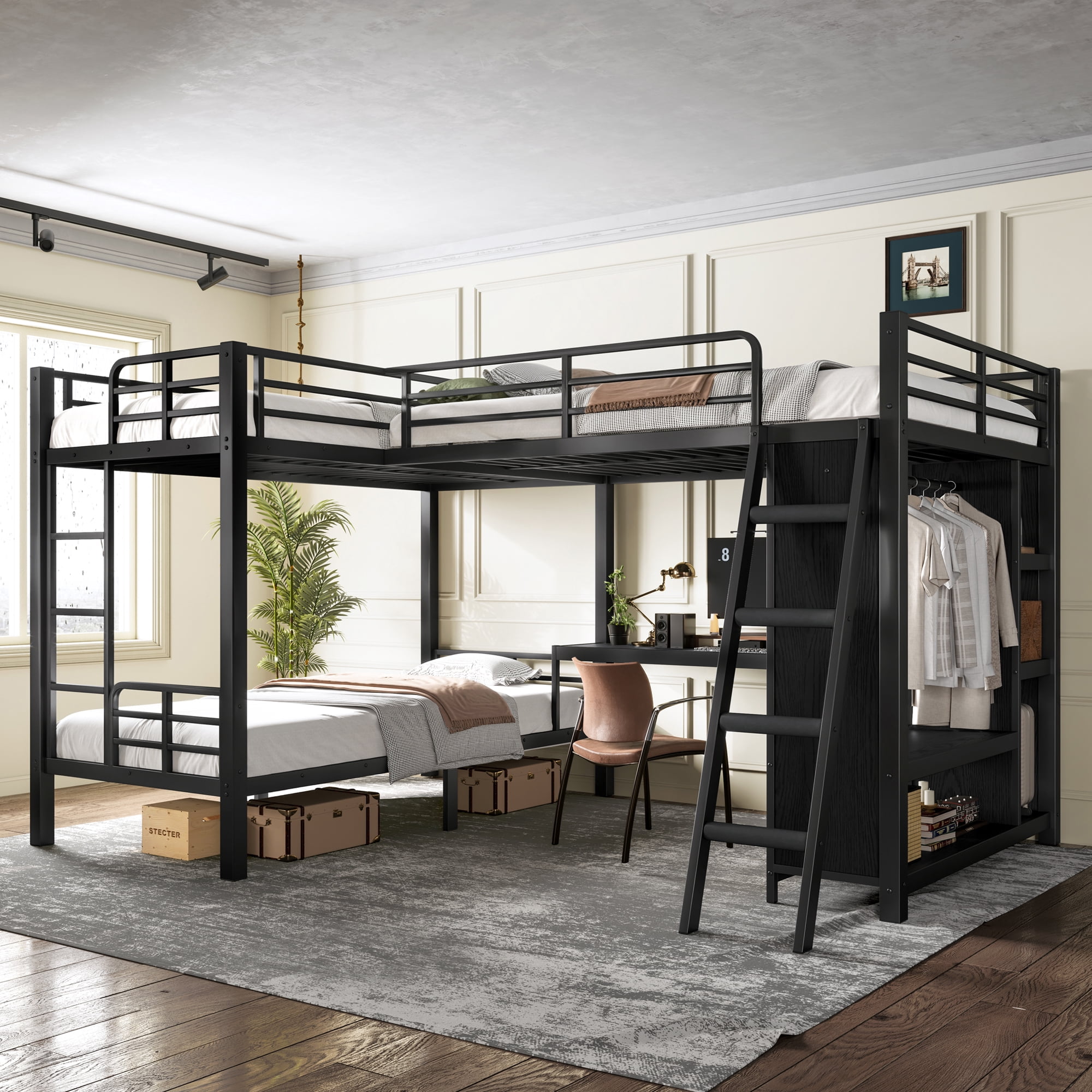L-shaped Triple Metal Bunk Bed with Desk and Wardrobe, Twin XL Full ...