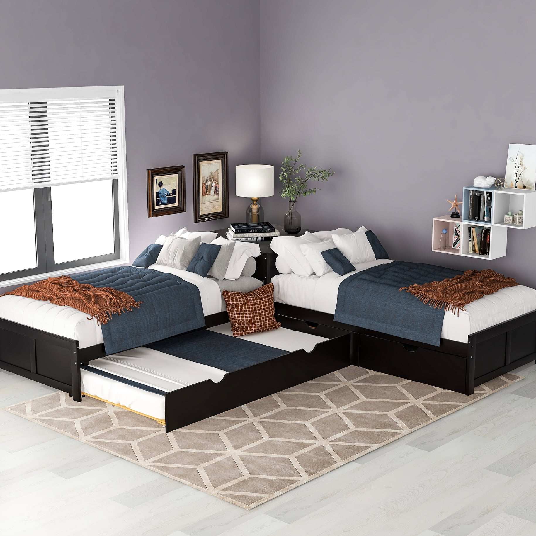 L-shaped Twin Bed / Espresso Colored, Easy to Assemble / Great for ...