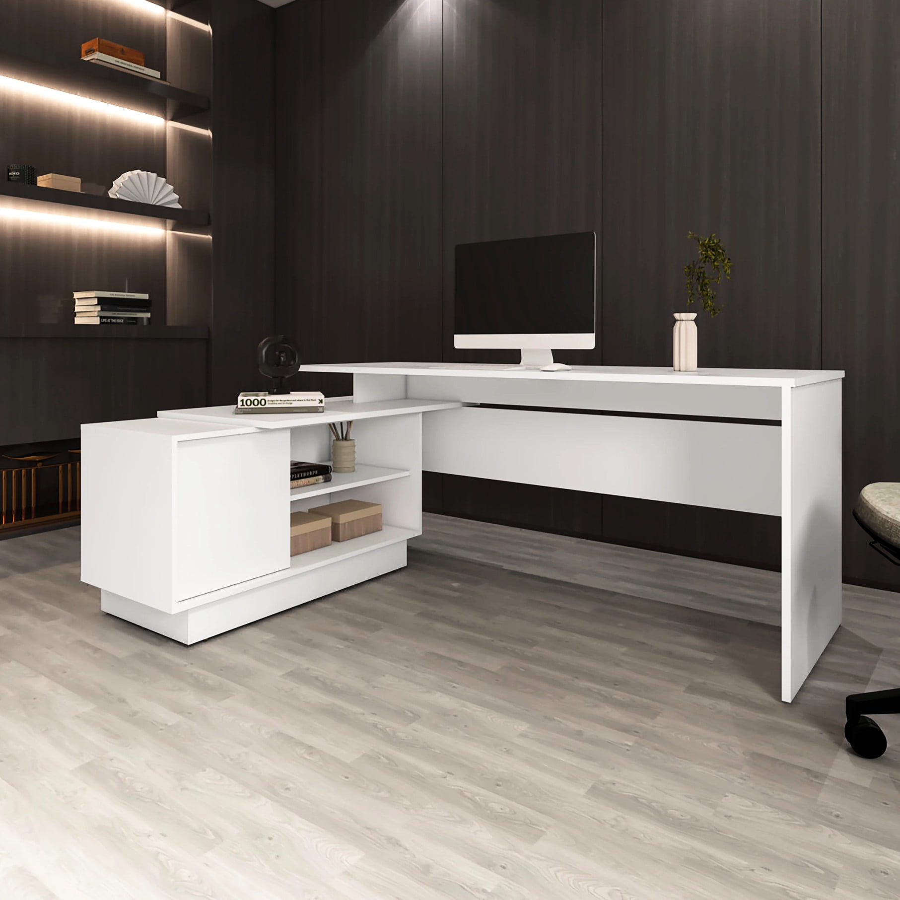 L-shaped White Office Desk With 5 Shelf And Keyboard Tray - Elegant ...