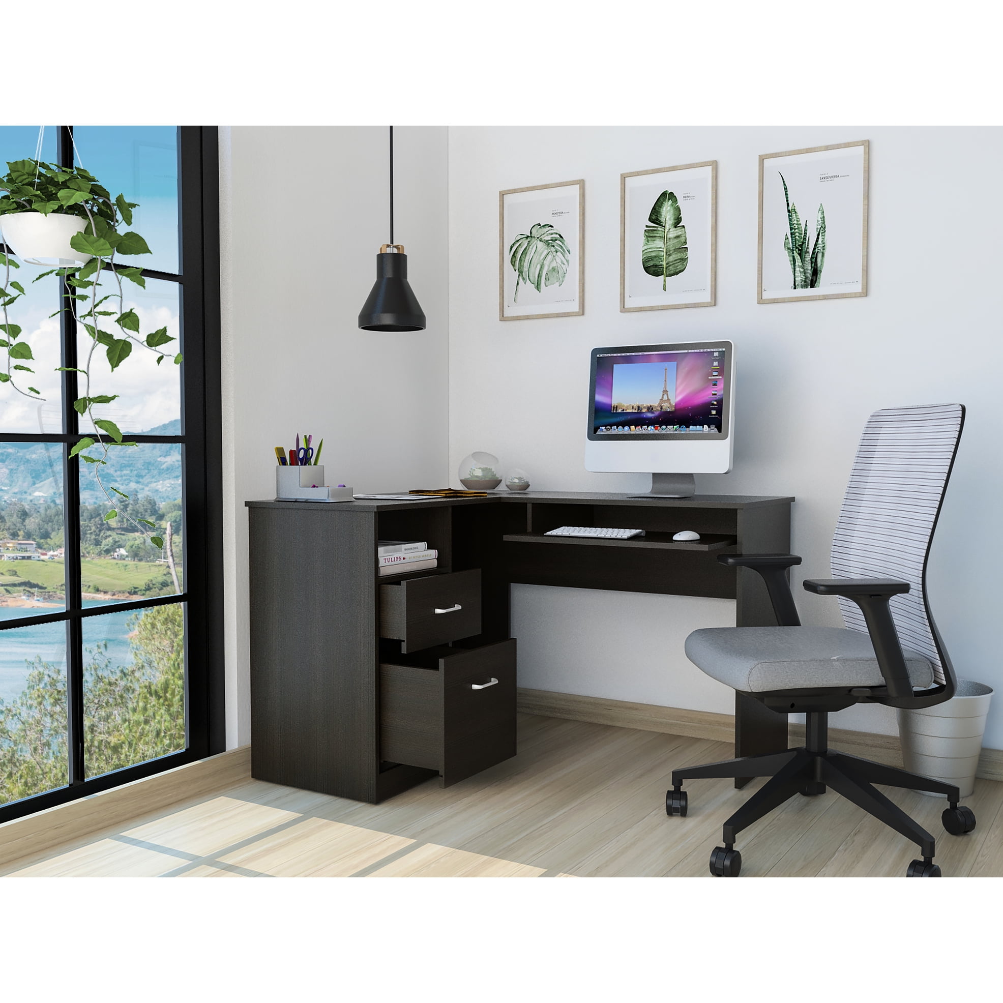 L-shaped Workspace Desk In Black , 2 Drawers And Practical Storage Area ...