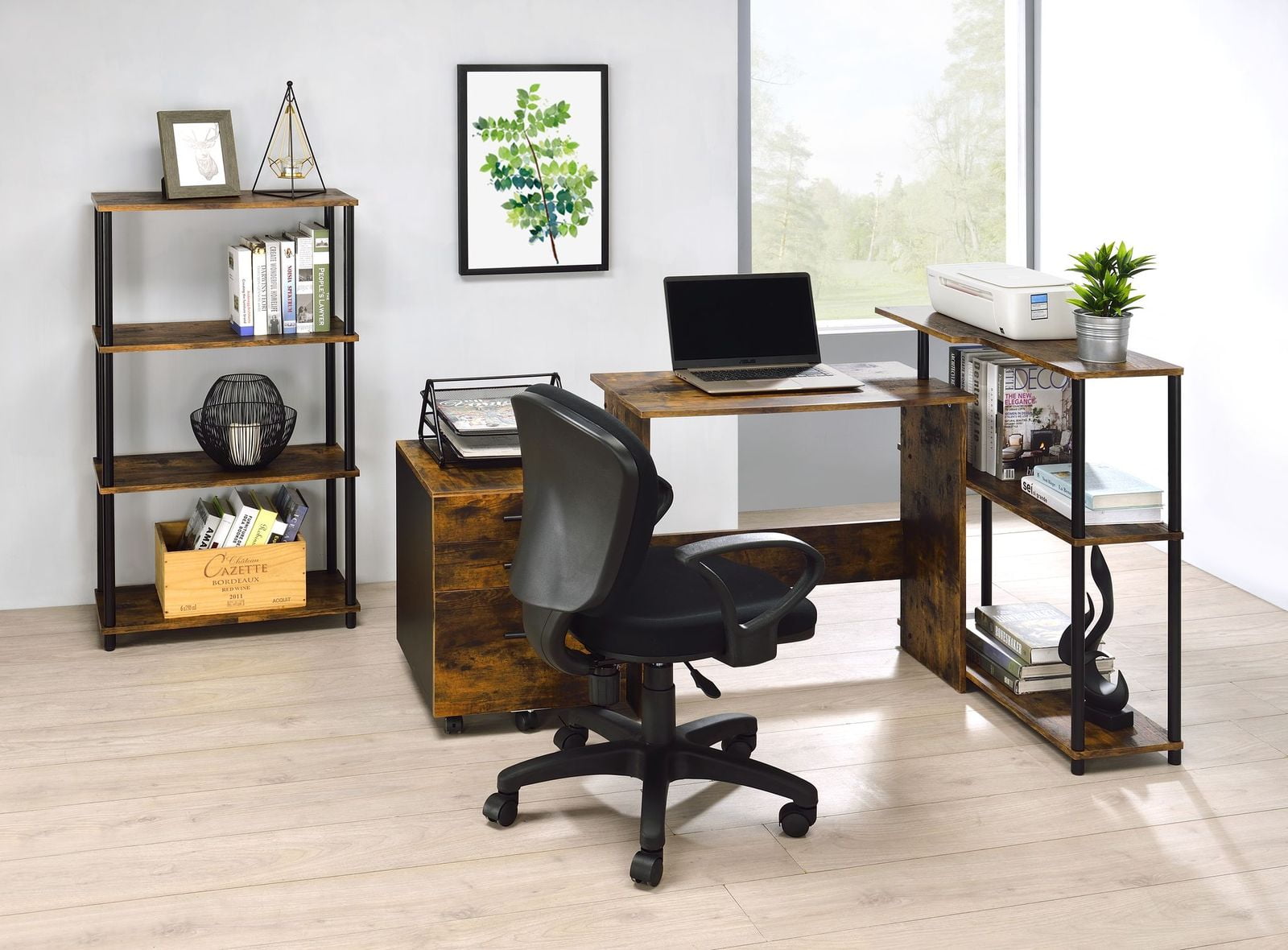 L-shaped Writing Desk with 3-Tier Bookshelves, Modern Home Office ...