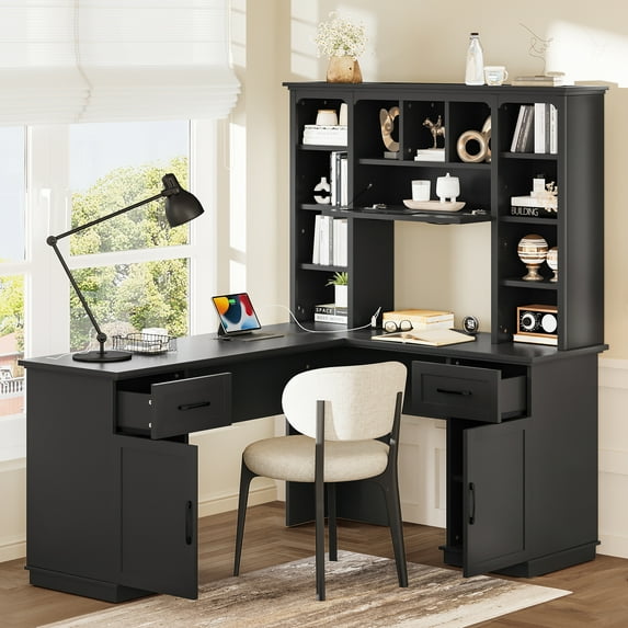 L-shaped computer desk with 2 cabinets and 2 drawers underneath the ...