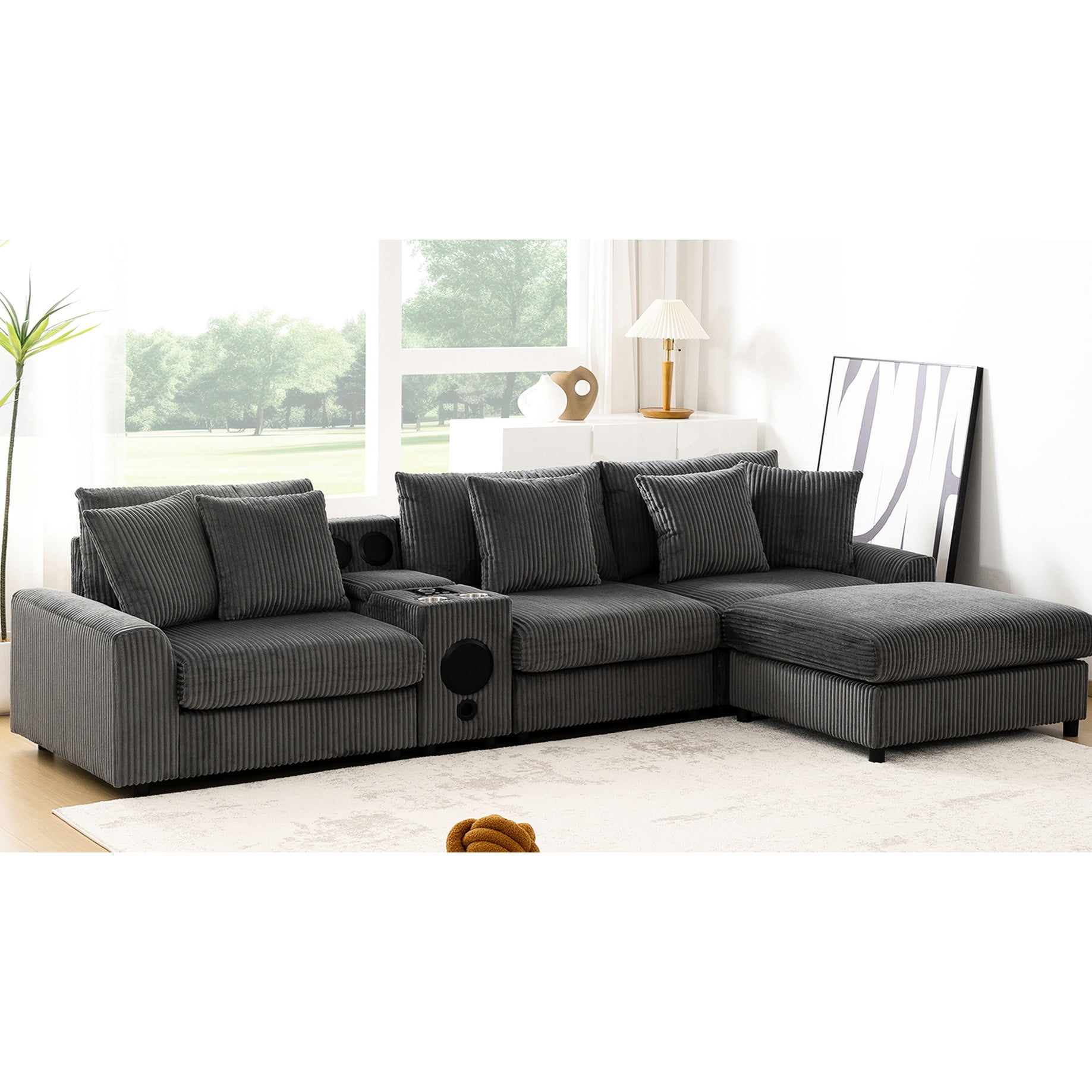 L shaped corduroy couch with Bluetooth speakers and storage for ...